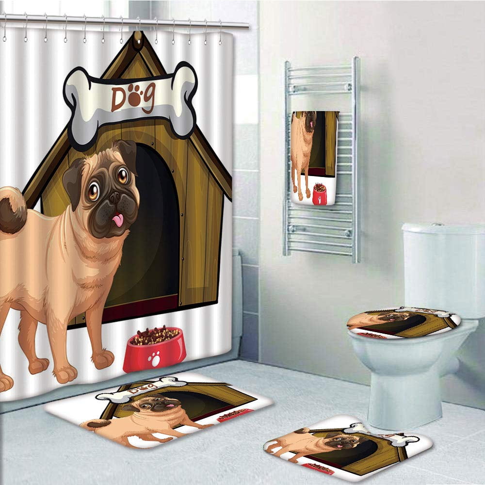 PRTAU Pug Dog House with a Pug in Front a Its Food Cartoon Fun 5 Piece ...