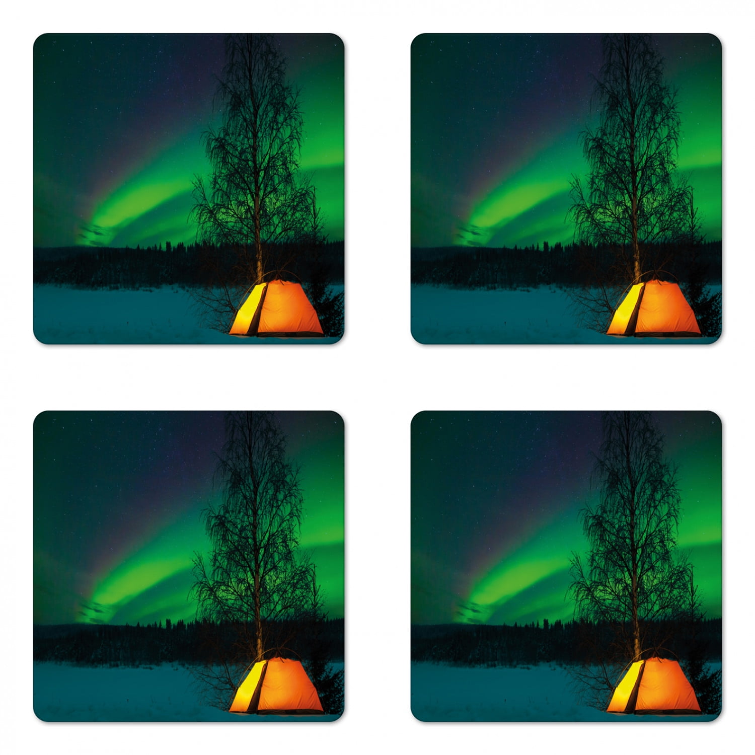 Aurora Borealis Coaster Set of 4, Camping Tent Under Magnetic Field ...
