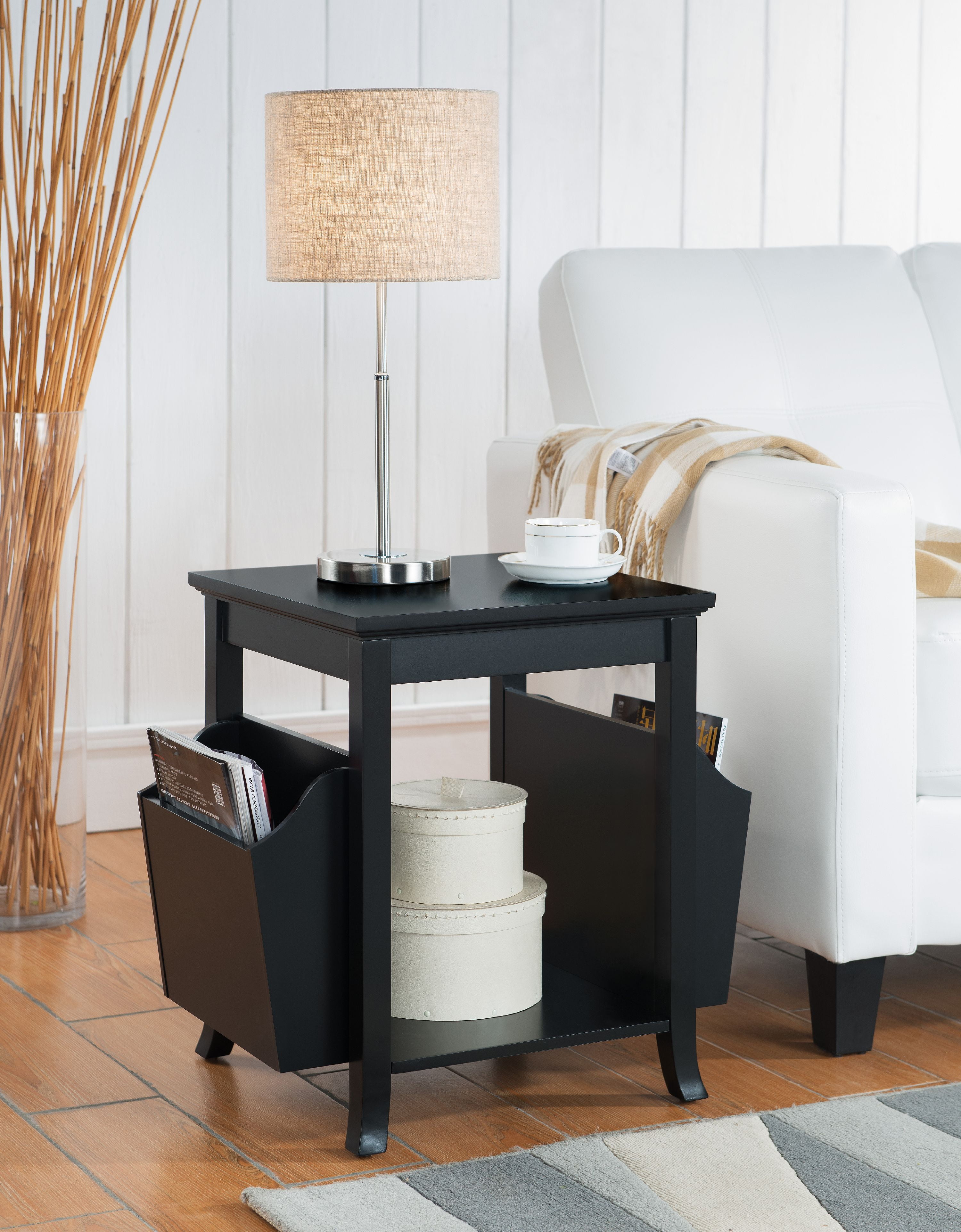 Black Wood Side End Table With Magazine Rack & Storage Shelves ...