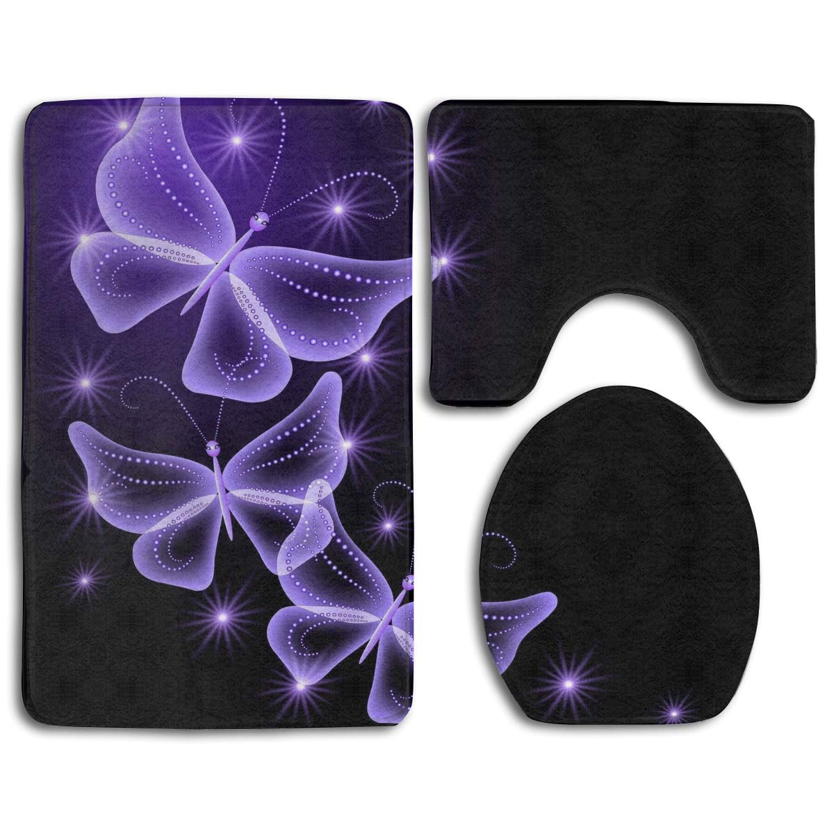 CHAPLLE Beautiful Purple Butterfly 3 Piece Bathroom Rugs Set Bath Rug ...