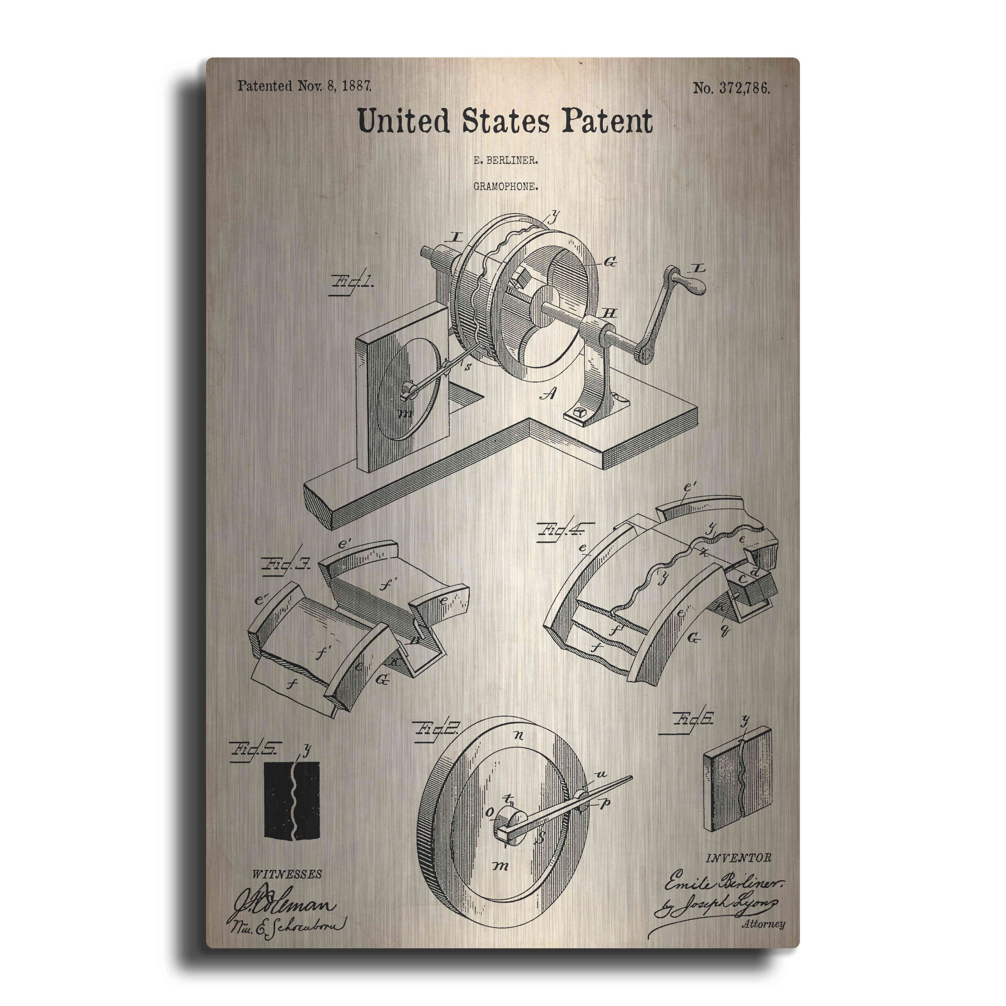 Luxe Metal Art 'Gramophone, 1887 Blueprint Patent Parchment,' Metal ...
