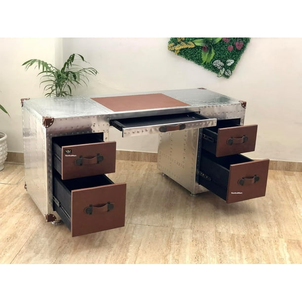 Nauticalmart Aluminum Desk Leather Top Aviator Vintage Home Decor ...