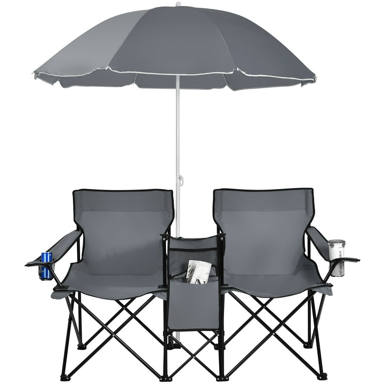 Outdoor Portable Folding Double Chair with Umbrella Table Cooler for Beach Camping Gray Walmart