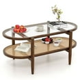 2-Tier Coffee Table with Tempered Glass Top, Acacia Wood Frame and PE ...