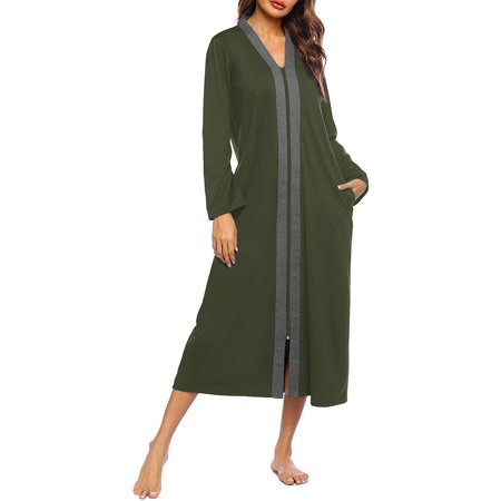 Women Zip up Robe Lightweight Housecoat Full Length Nightgown Long ...
