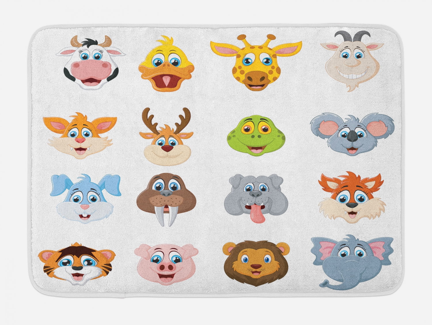 Cartoon Bath Mat, Comic Design of Collection of Smiling Animal Faces ...