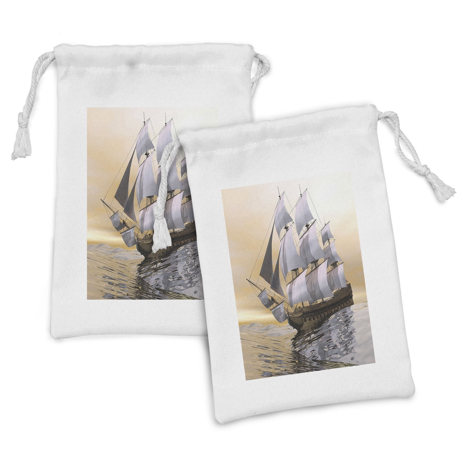 Maritime Fabric Pouch Set of 2, Ship Sailing on the Ocean with Full ...