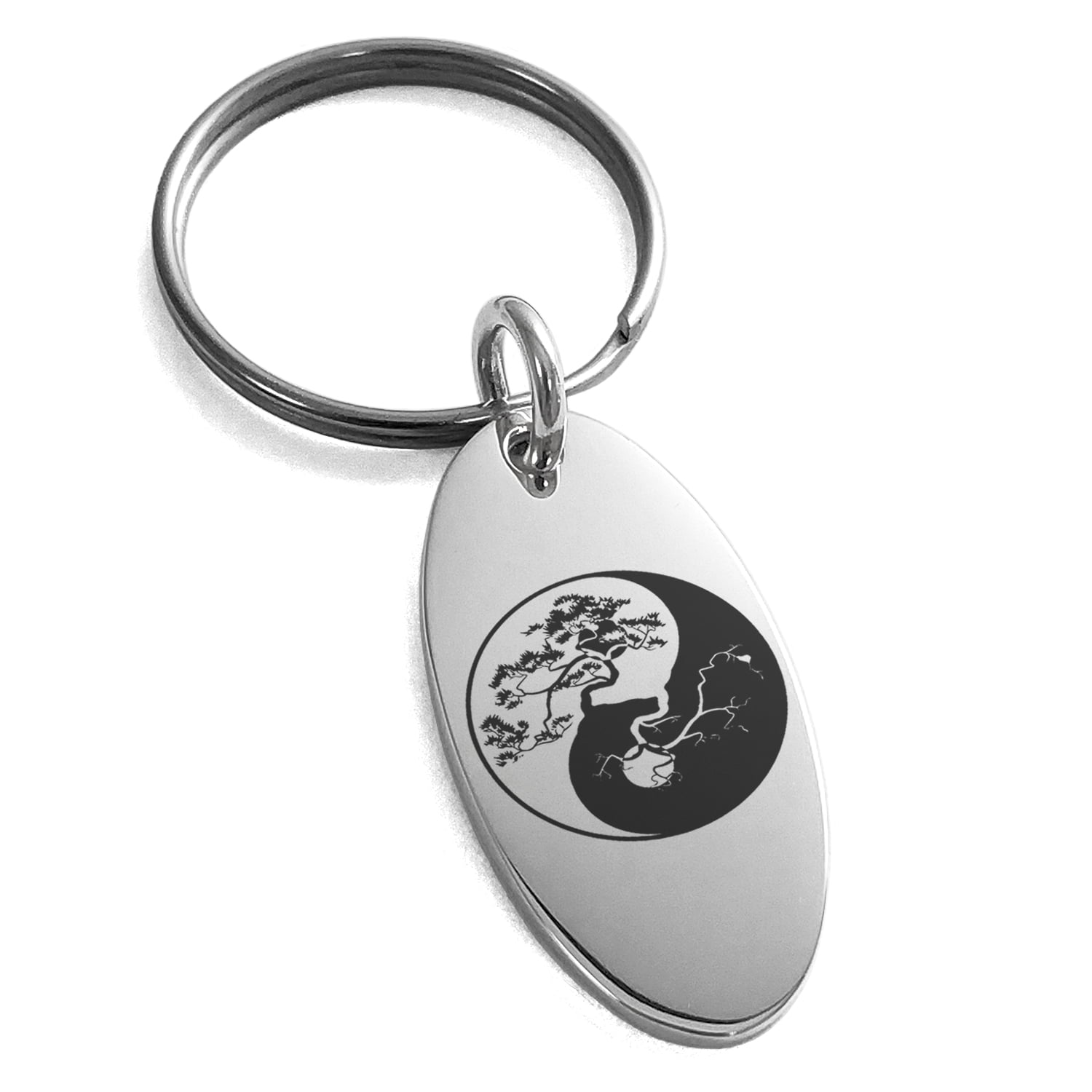 Stainless Steel Bonsai Tree Yin Yang Engraved Small Oval Charm Keychain ...