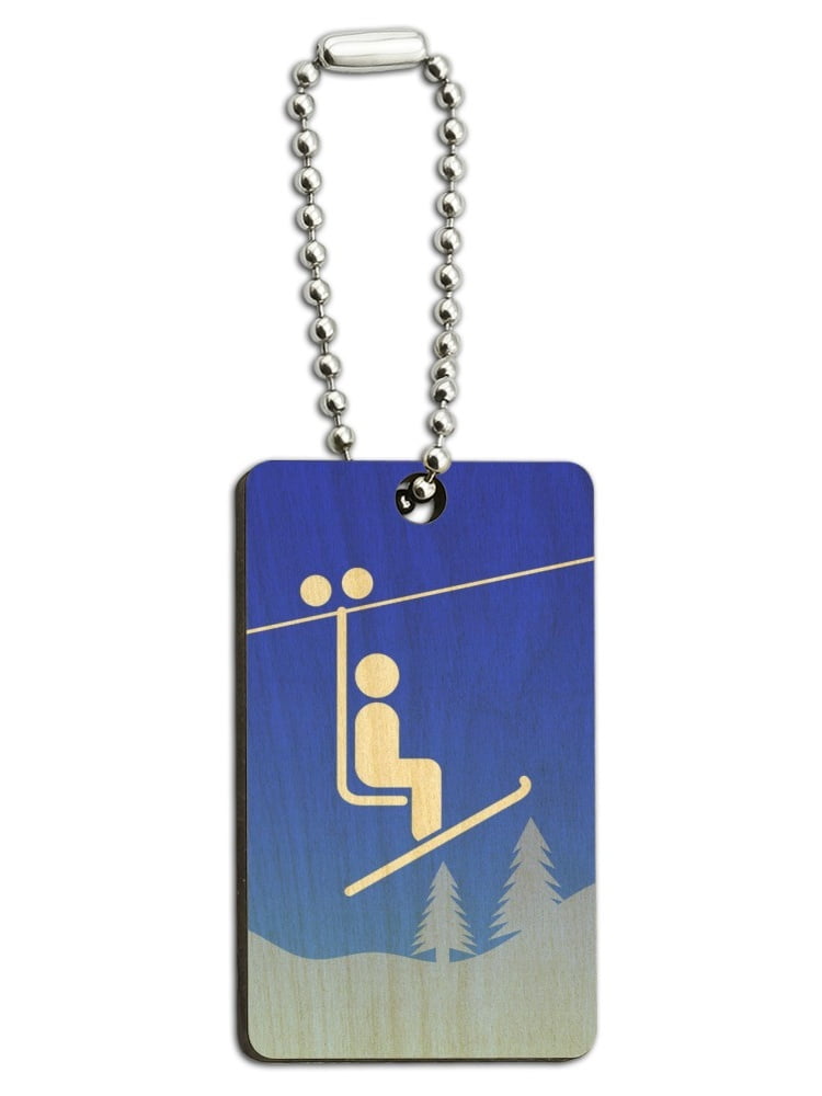 Skiing Ski Lift Symbol in Snow Wood Wooden Rectangle Keychain Key Ring ...