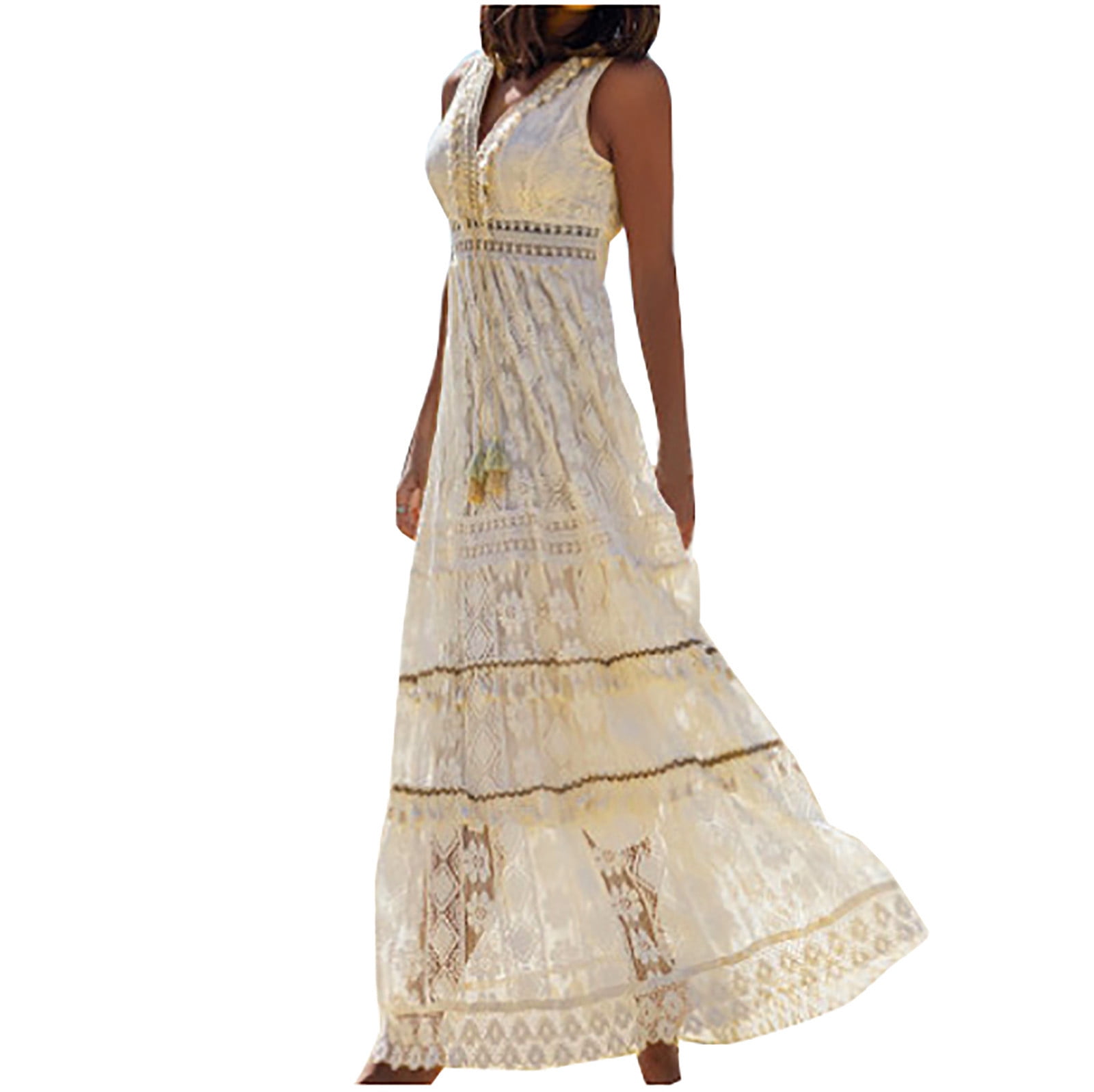 Bohemian Dress for Women V Neck Spaghetti Strap Tassel Long Crochet ...
