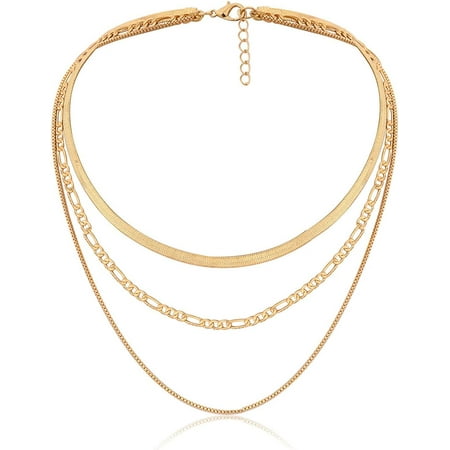 FanShow 14K Gold Multi-layer Snake Chain Necklace Set Double Layer ...