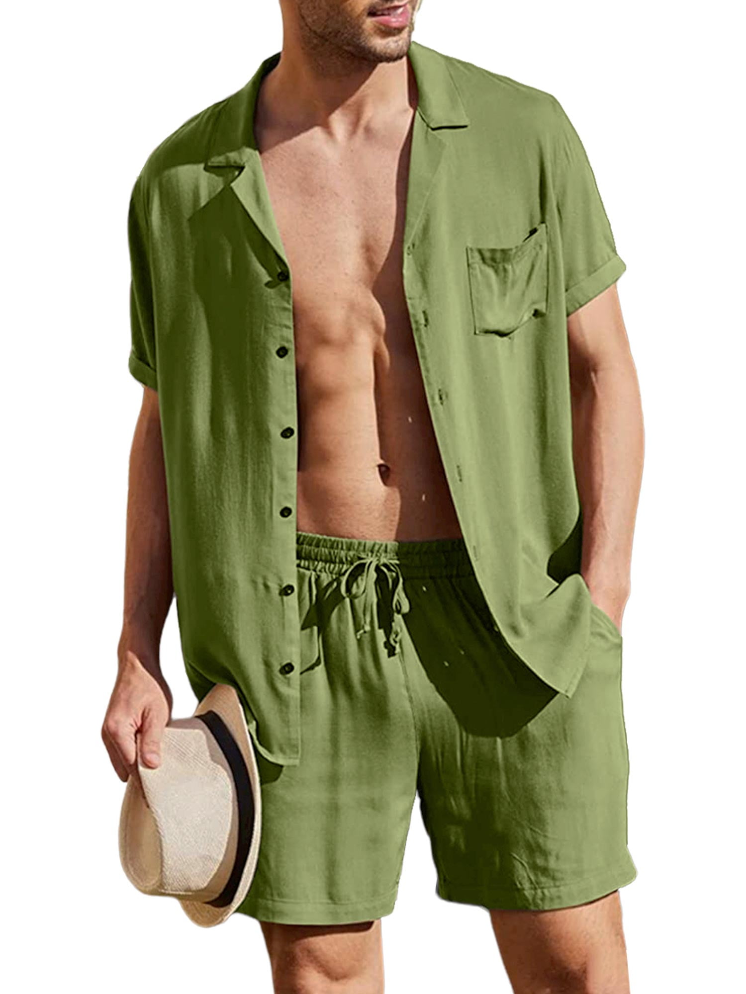 Mytrendy Men Linen 2 Piece Sets Solid Button Up Lapel Neck Shirts With ...