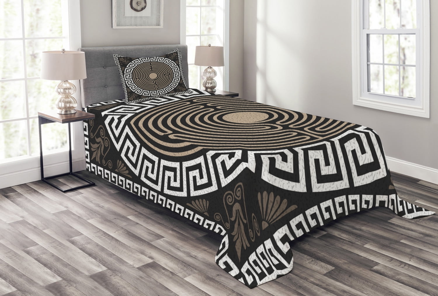 Ambesonne Antique Boho Quilted Bedspread Set 2 Pcs, Wavy Lines Flowers ...