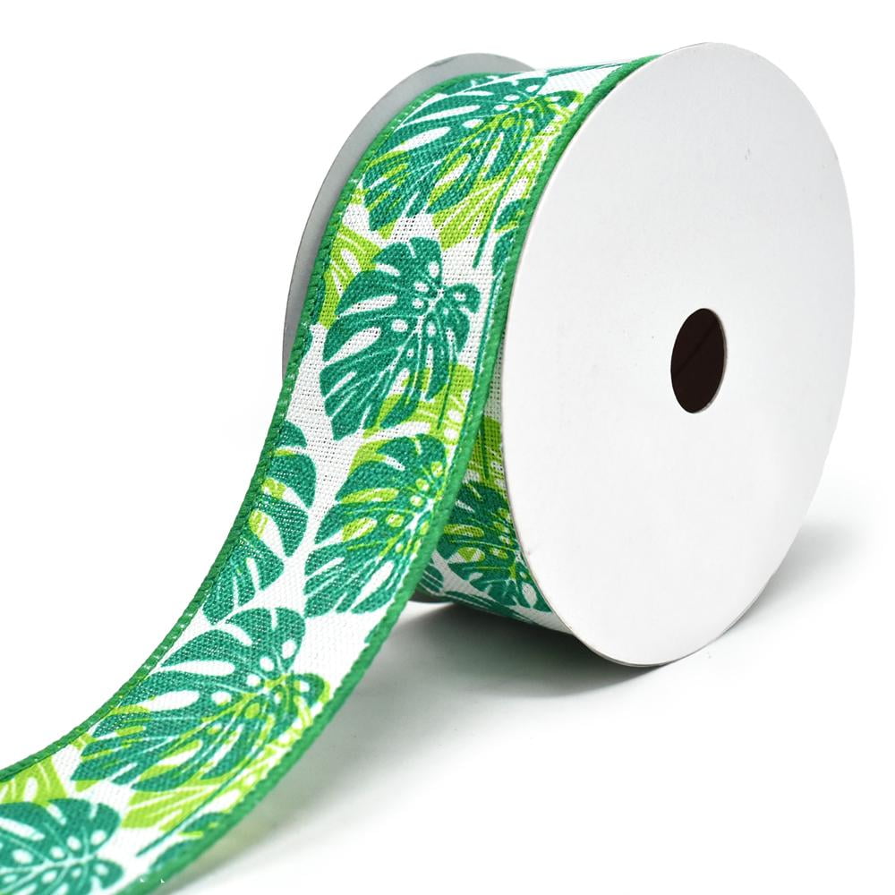 Tropical Monstera Leaves Wired Linen Ribbon, 1-1/2-Inch, 10-Yard, Lime ...