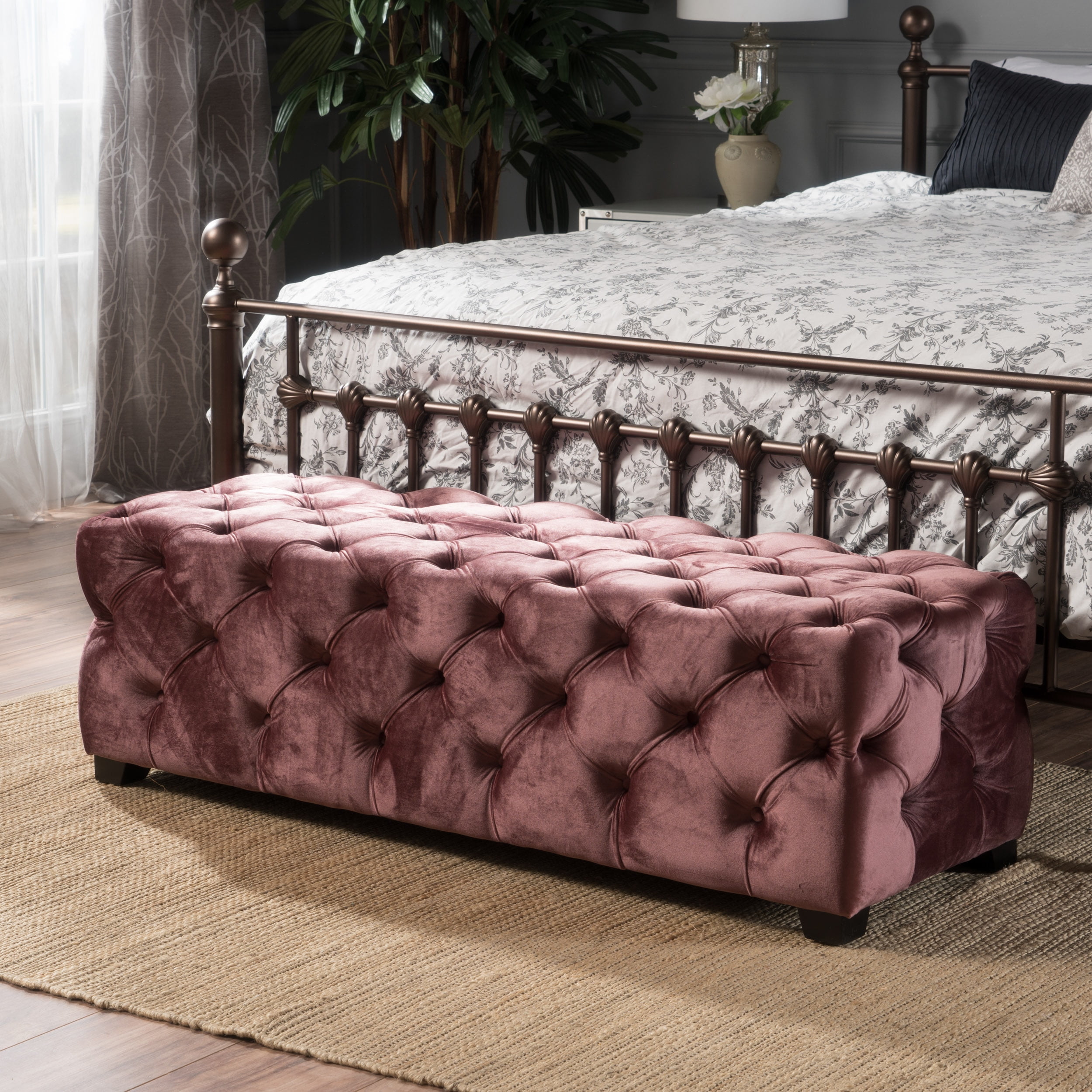 Noble House Nehemiah Tufted Velvet Ottoman Bench Blush