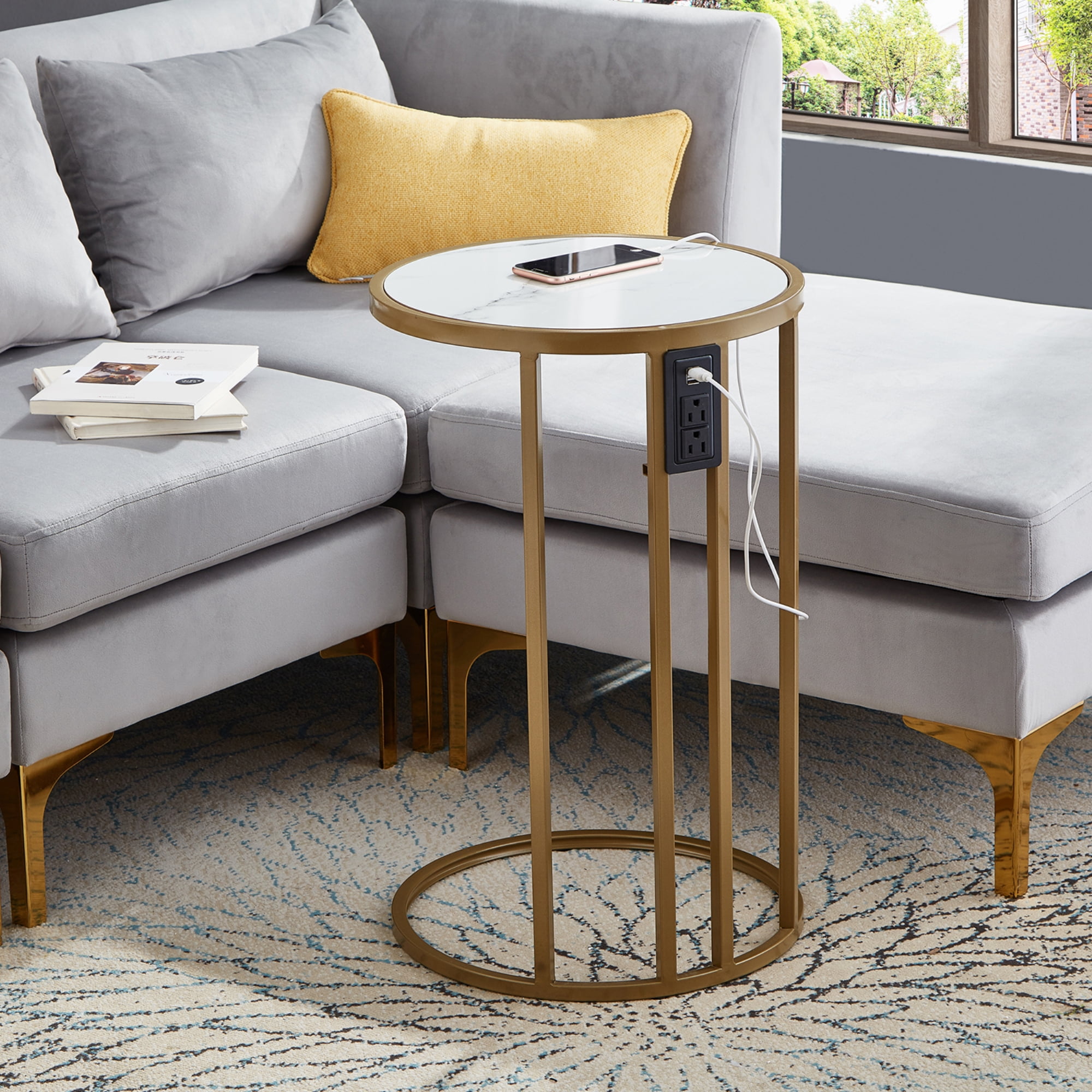 Loft Lyfe Kiera White/Gold End Table - 2 USB Charging Ports 2 Outlets ...