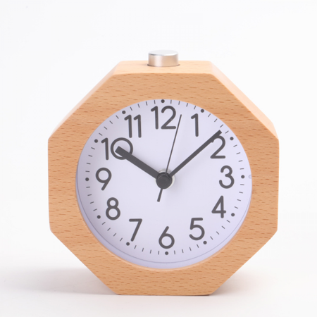 Octagonal Wooden Analog Alarm Clock, Battery Powered, Non Tick Clock ...