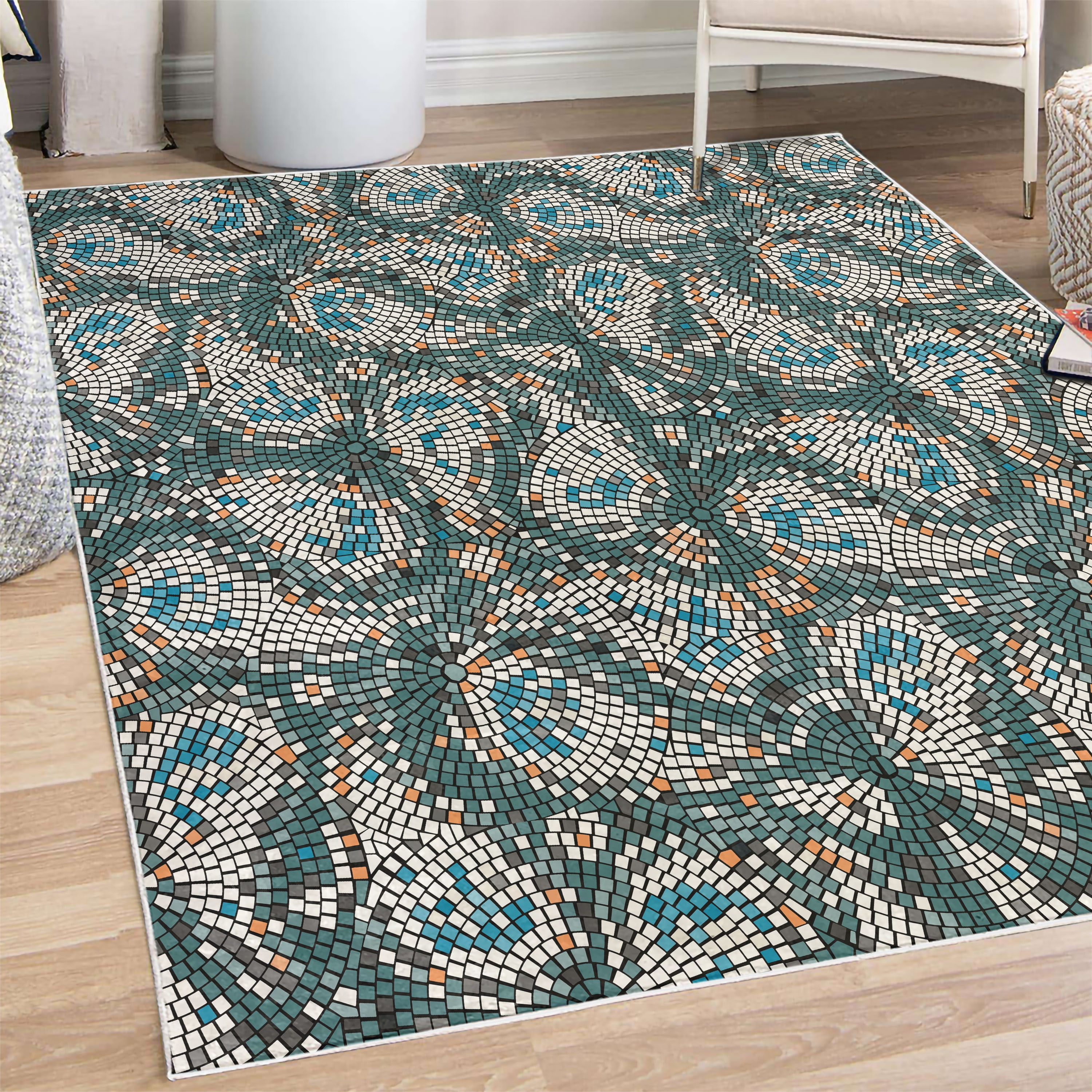 Paisley Decorative Rug, Modern Mosaic Like Circled Design with Teardrop ...