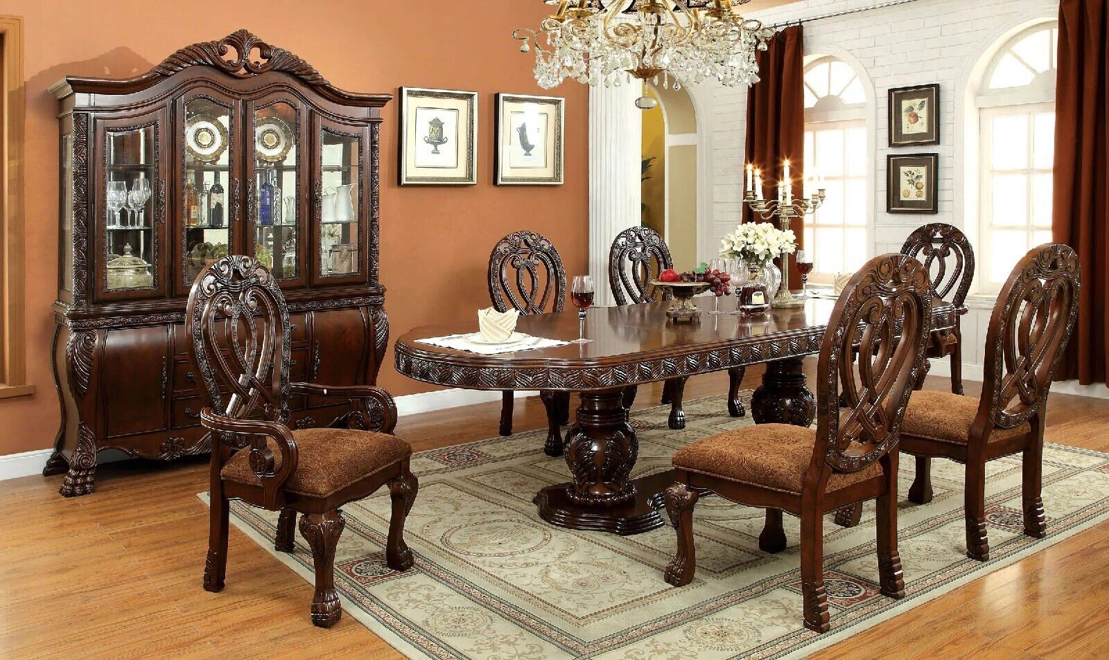 Royal Formal Cherry Solid wood 7pc Dining Set Dining Table w Leaf 2x Arm Chairs 4x Side Chairs ...