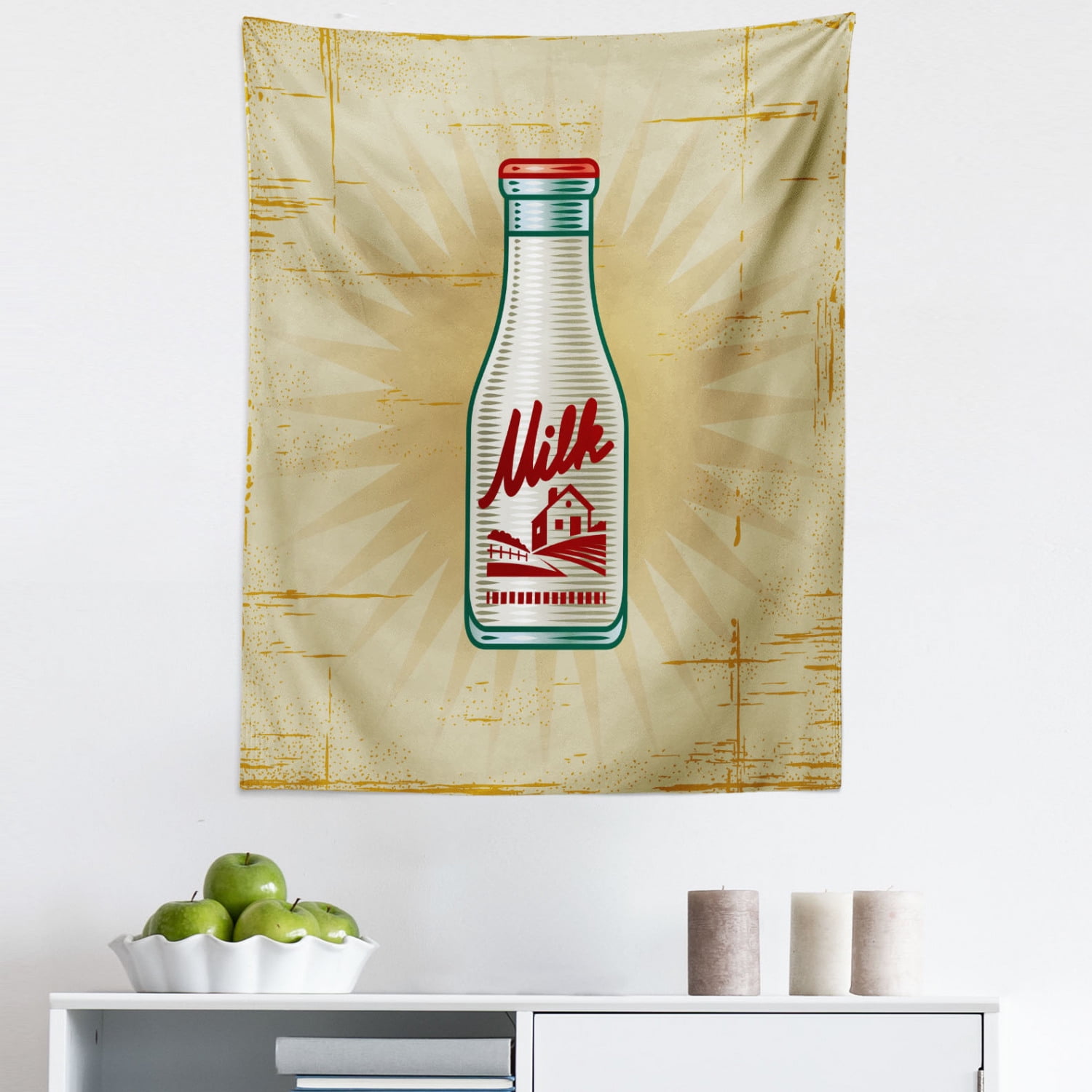 Farmhouse Tapestry, Retro Style Milk Bottle Illustration on Weathered ...