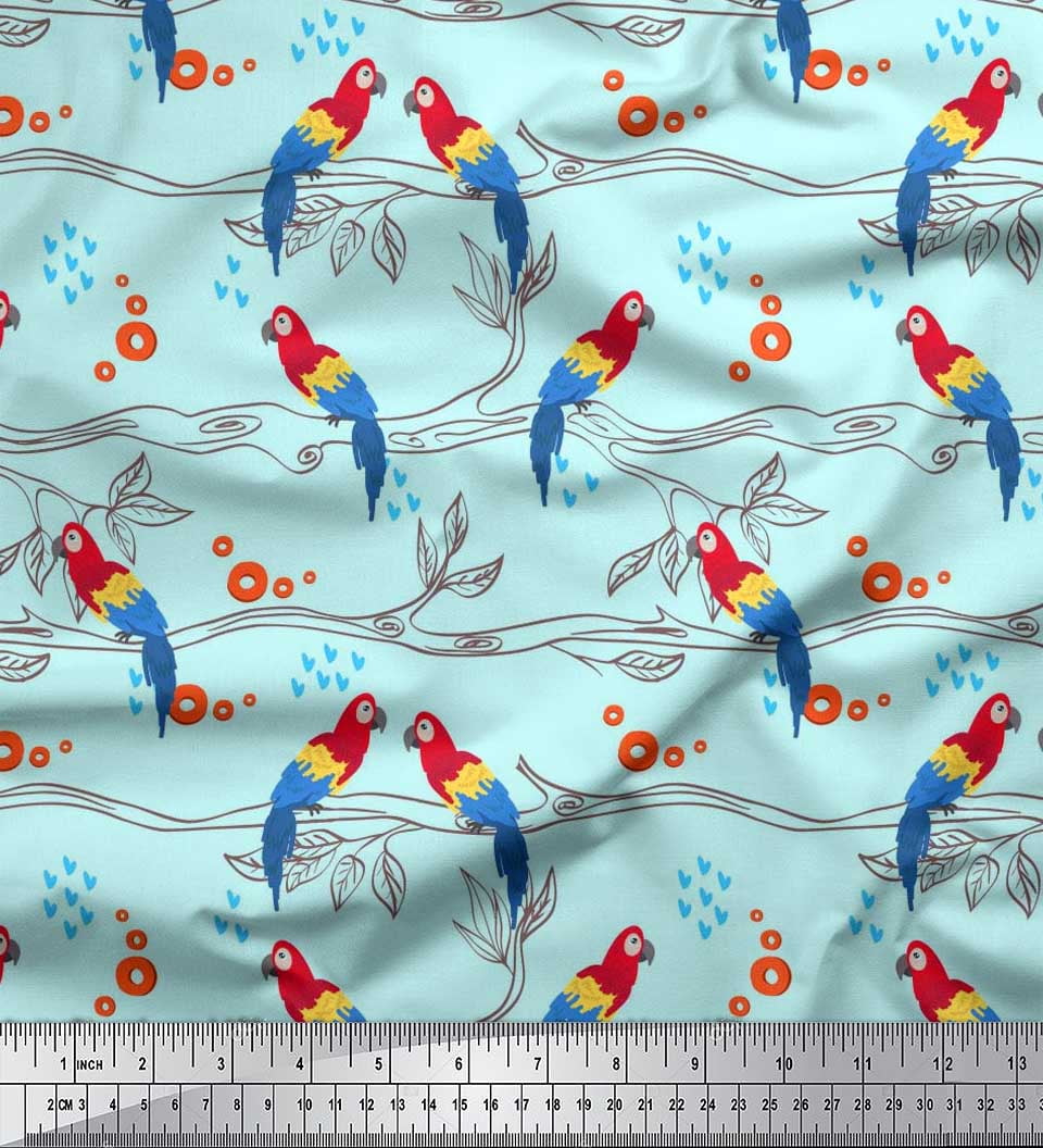 Soimoi Velvet Fabric Branches,Leaves & Macaw Parrot Bird Print Fabric ...