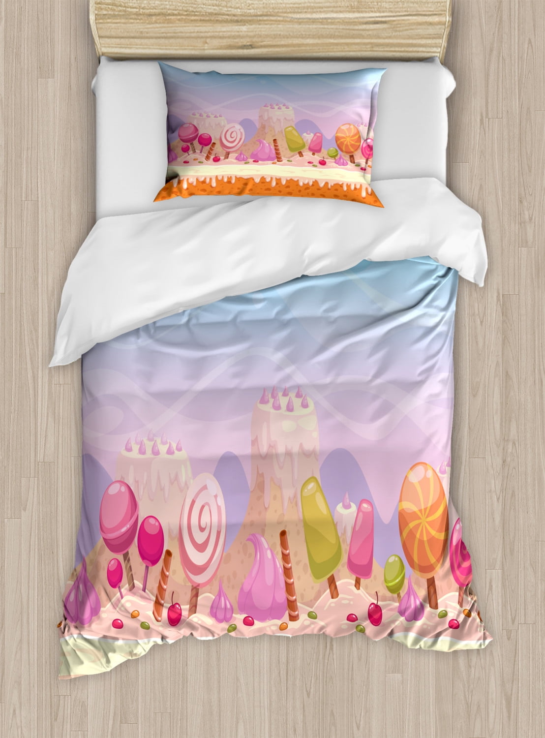 Dessert Twin Size Duvet Cover Set, Fantasy Candy Road of Popsicles ...