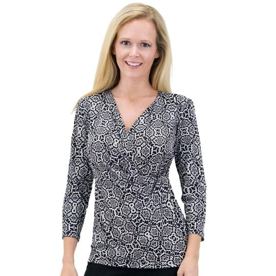 Women's Solid/Print V Neck 3/4 Sleeve Knit Front Drape Wrap Jersey Tops ...