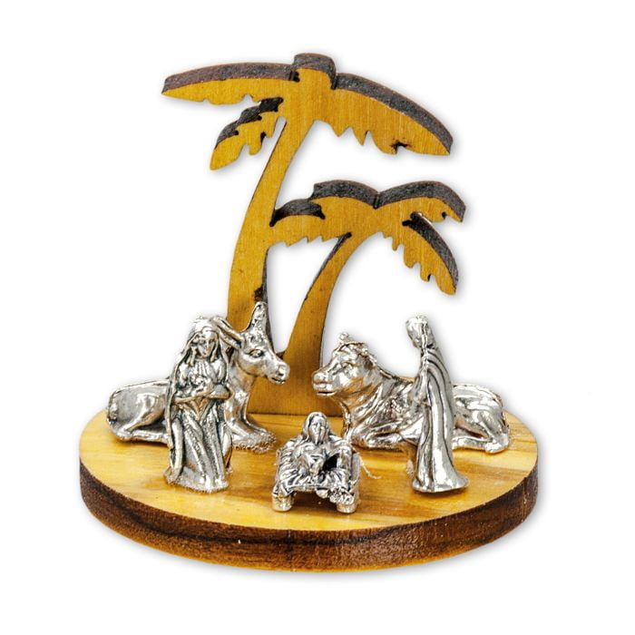 Laser Cut Nativity with Palm Tree & Metal Figurines (1-1/2 inches ...