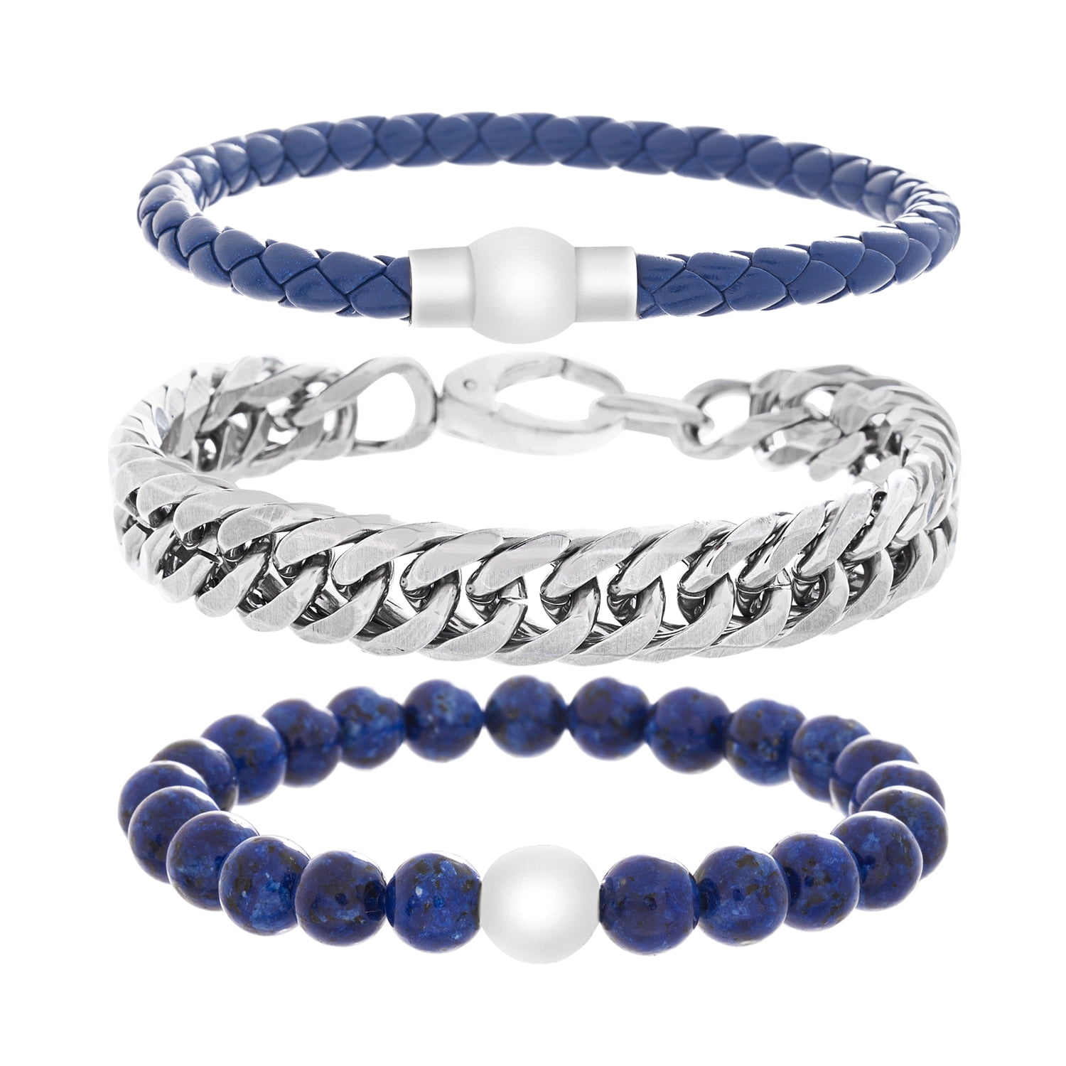 Lesa Michele 3Pc Mens Bracelet Set with Leather and Beads in Stainless ...