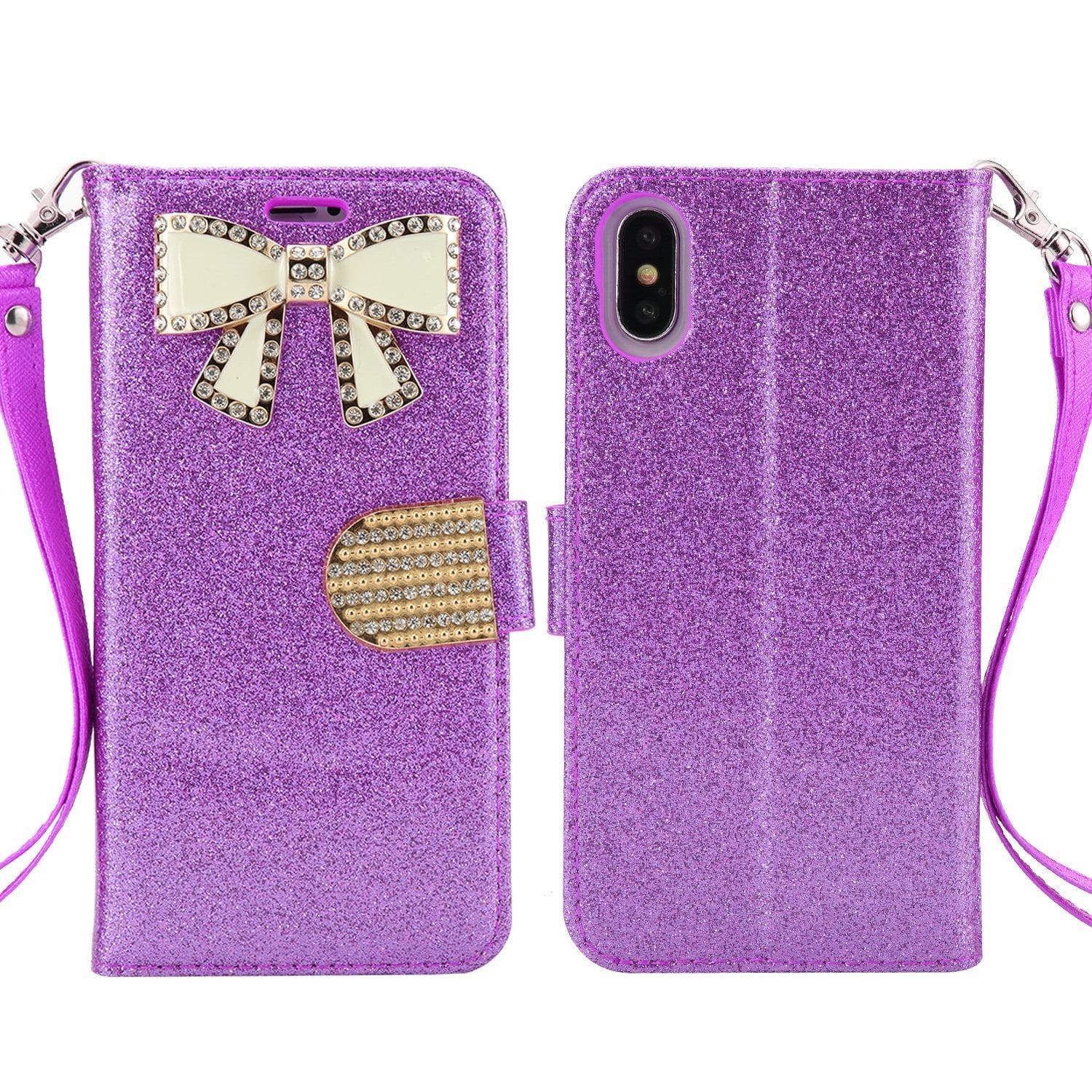 iPhone X Case, Shiny PU Leather Sparkle Rhinestone Butterfly Wallet ...
