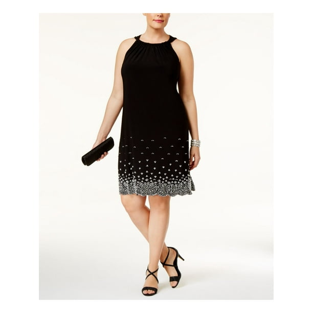 Msk Womens Black Pleated Embellished Sleeveless Jewel Neck Knee Length