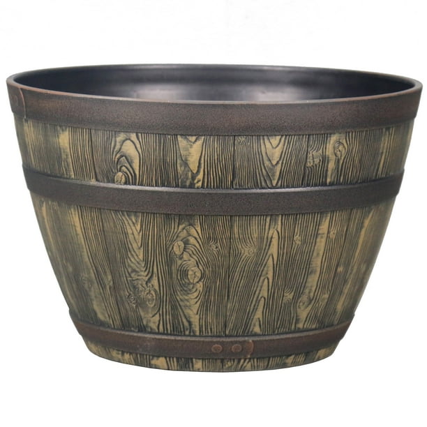 Better Homes & Gardens Whiskey Barrel Brown Color Resin Planter, 15.8in ...