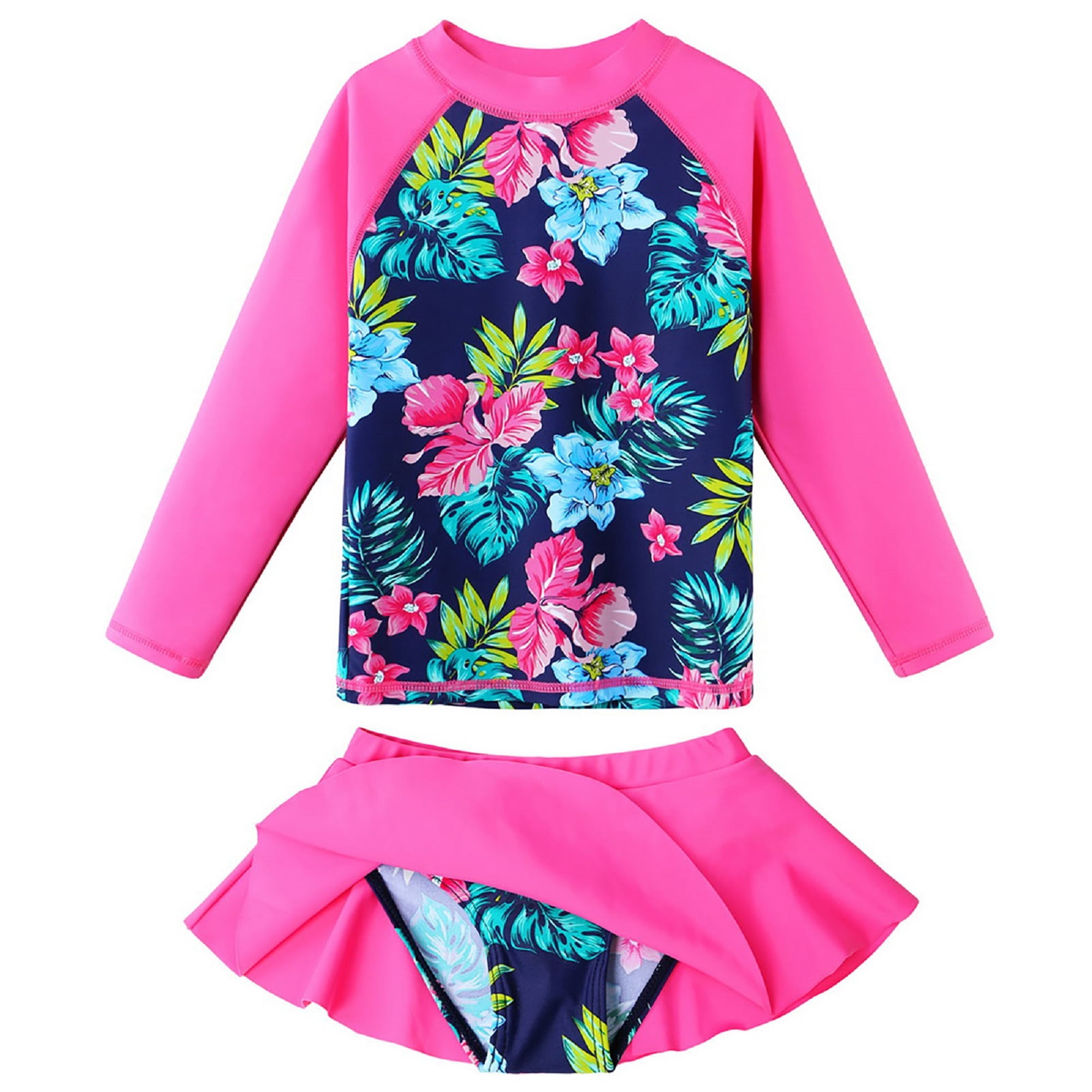 Baohulu Girls Swimsuit Two Piece Long Sleeve Upf 50 Bathing Suit Green Floral Dress Swimwear