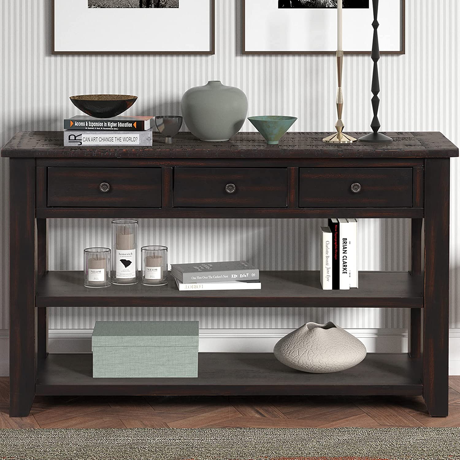 Console Table with 3 Drawers,Sofa Table with Storage Shelves,48''Solid ...