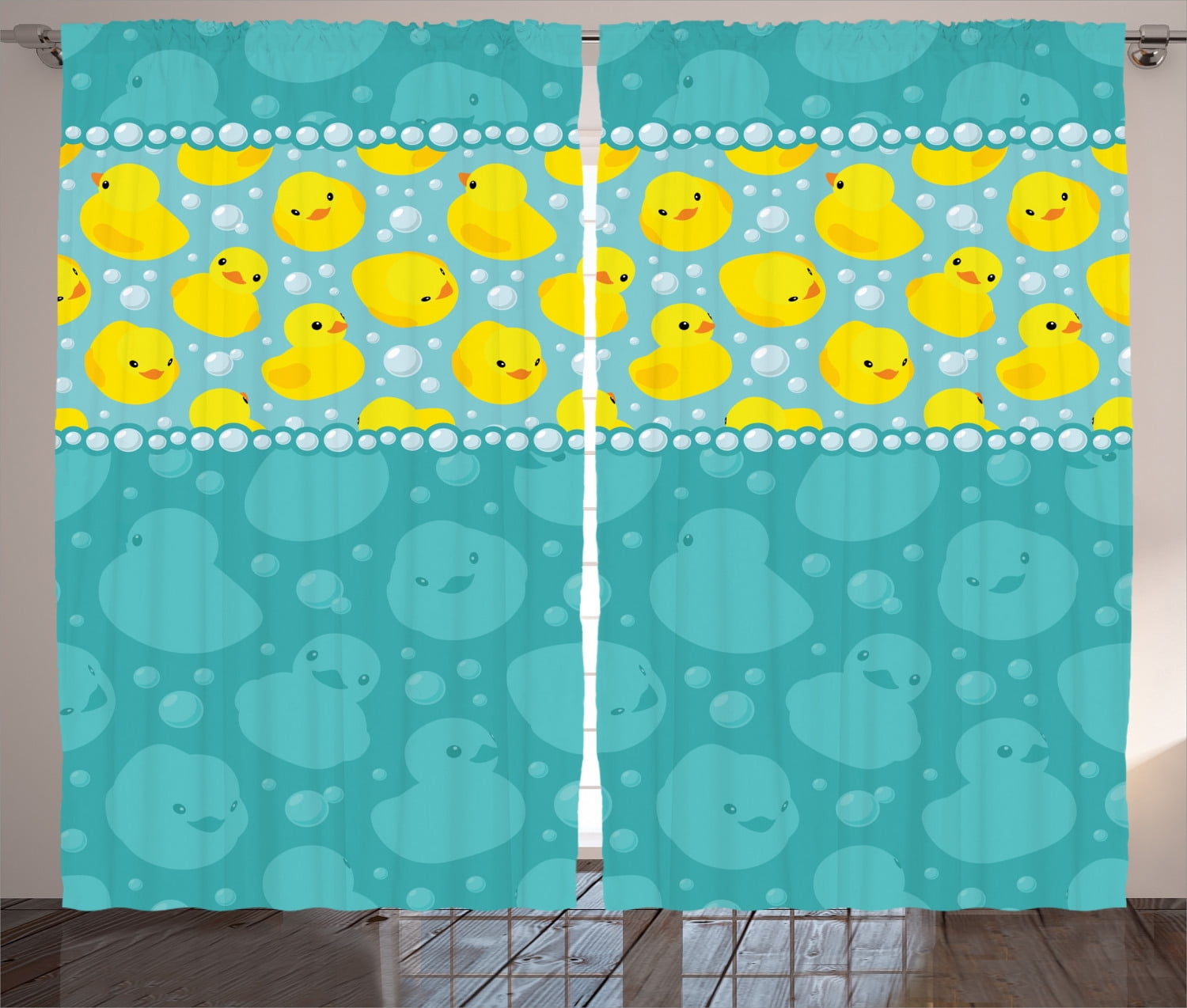 Rubber Duck Curtains 2 Panels Set Yellow Cartoon Duckies Swimming In