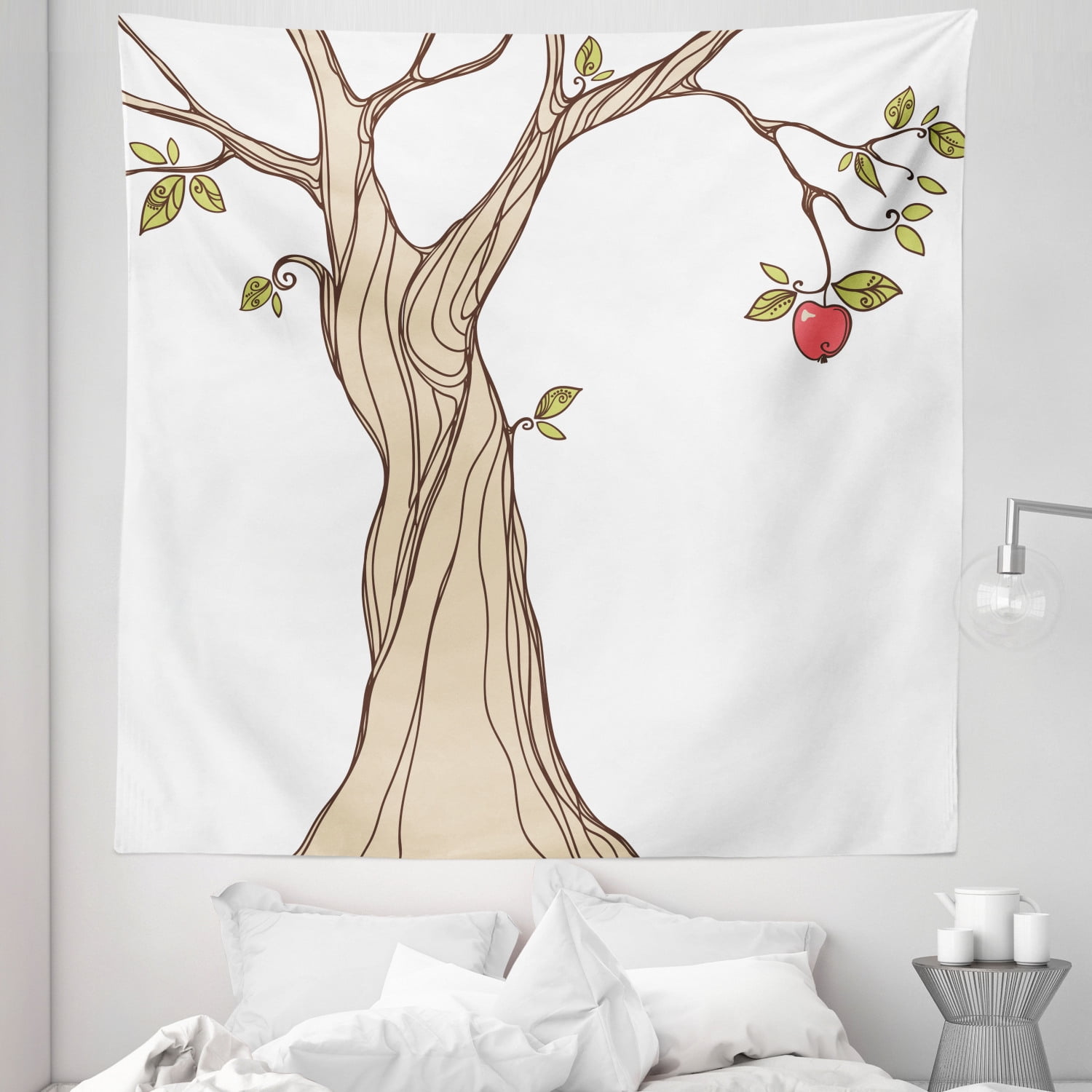 Cartoon Tapestry, Old Tree Drawing with Apples and Leaves Fruit Garden ...