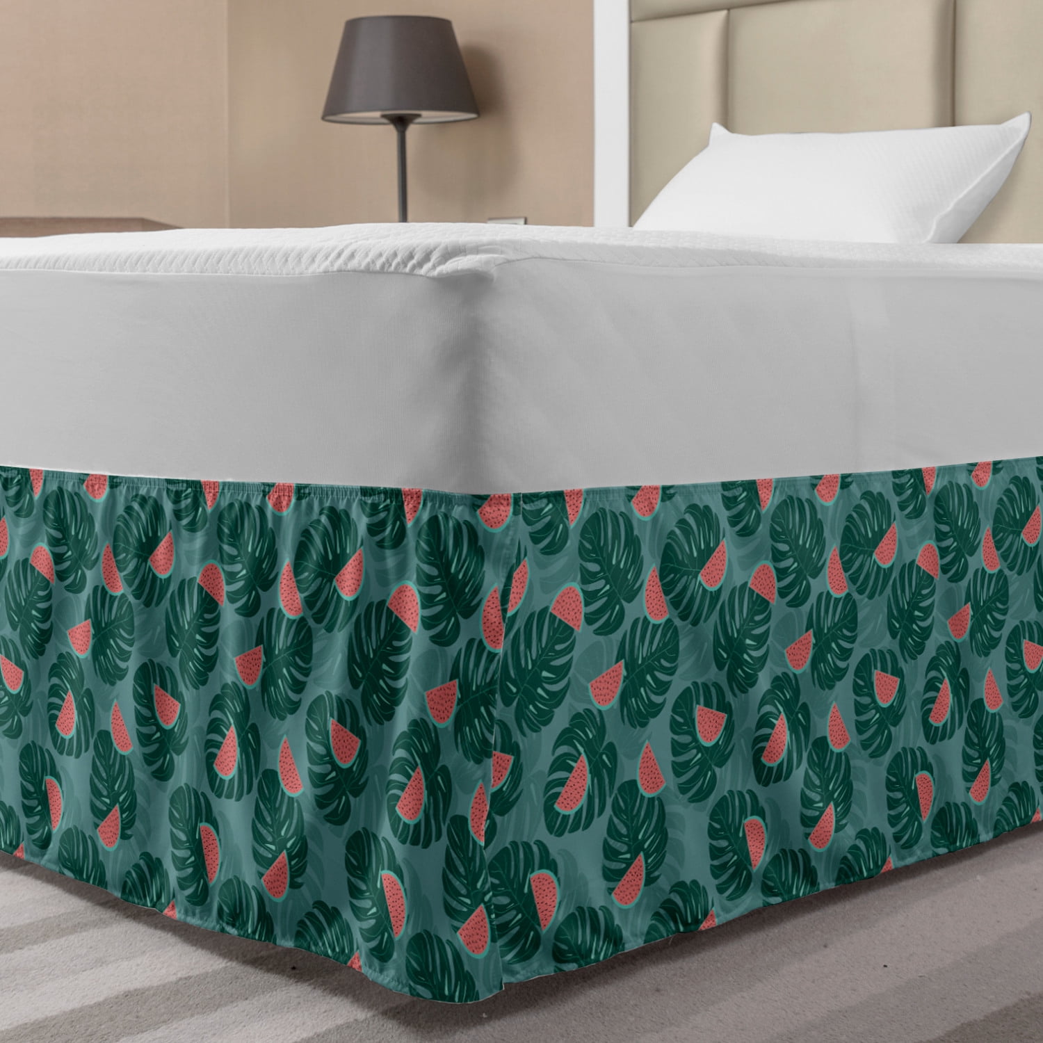 Nature Art Bed Skirt, Exotic Botanics Tropical Palm Leaves Watermelons ...