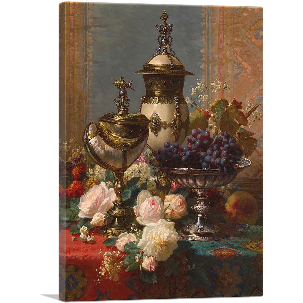 ARTCANVAS Still Life With Roses Grapes Silver Inlaid Nautilus Shell ...