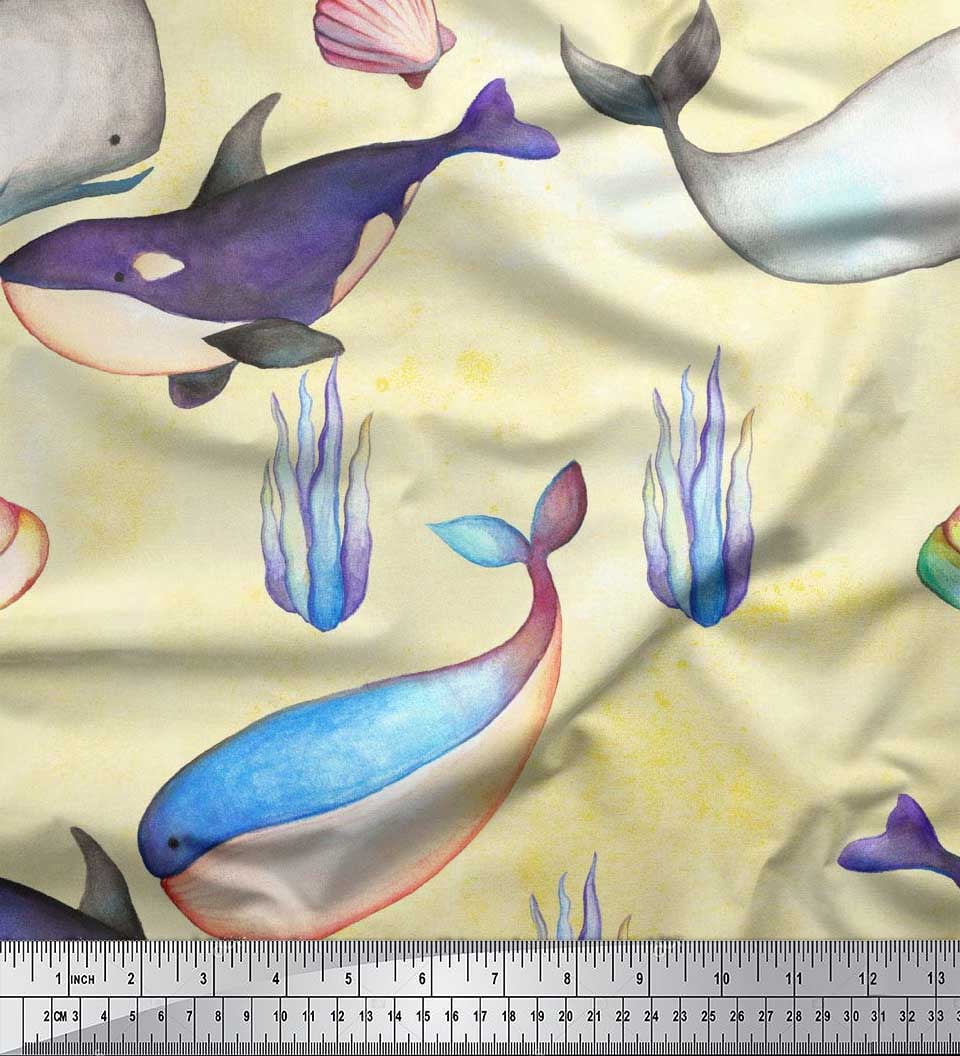 Soimoi Velvet Fabric Shell & Whale Fish Ocean Print Fabric by Yard 58 ...