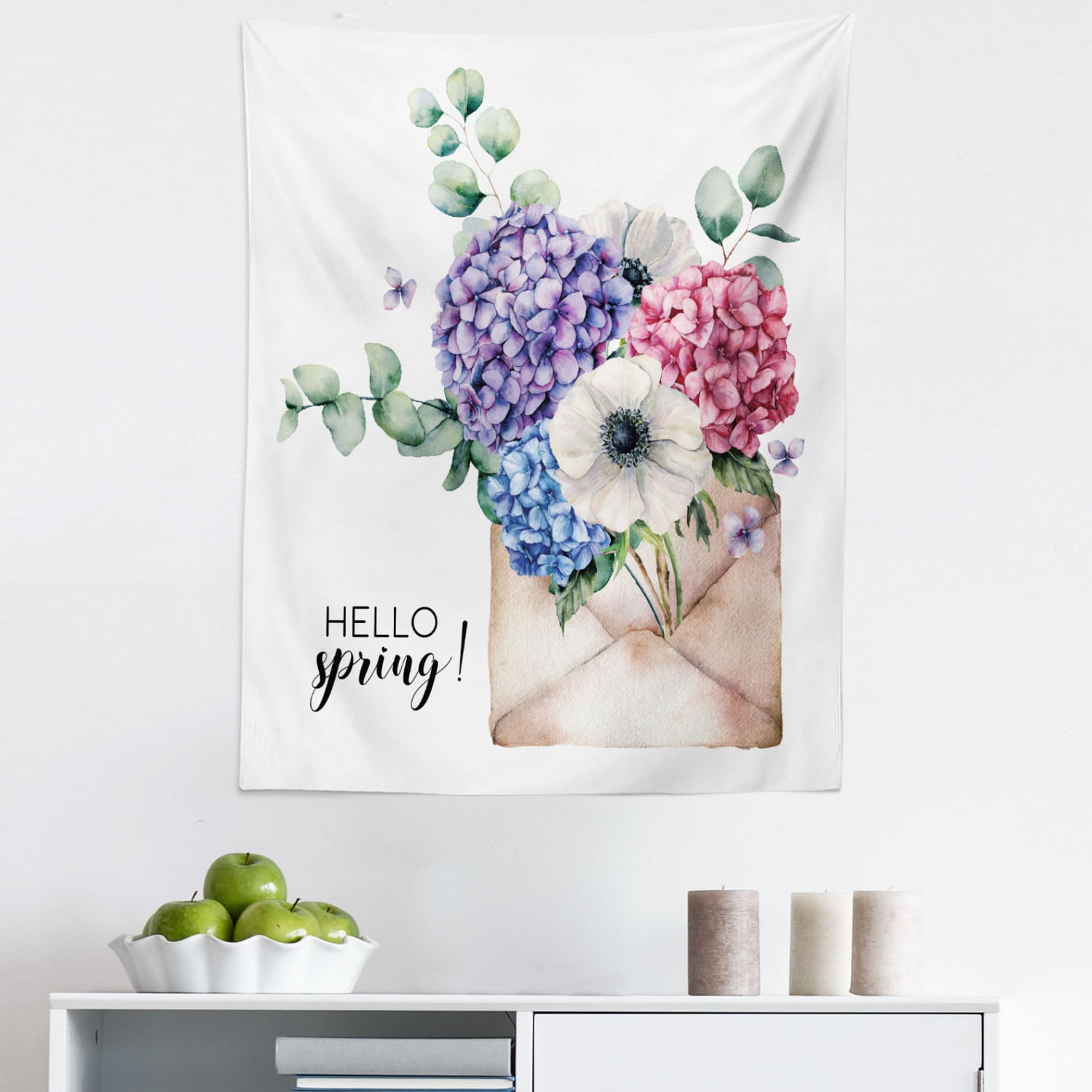 Hydrangea Tapestry, Watercolor Vintage Print of Flowers in Letter with ...