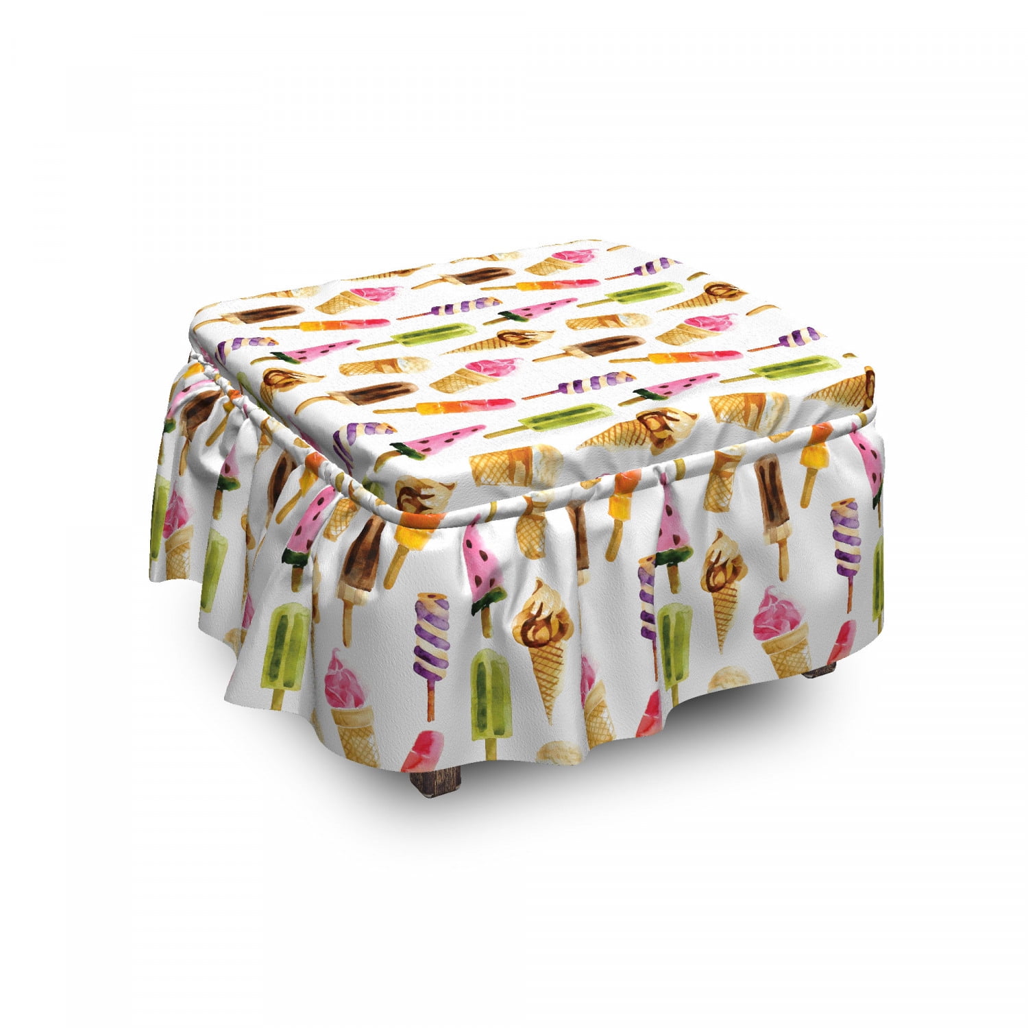 Ice Cream Ottoman Cover, Watercolor, 2 Piece Slipcover Set with Ruffle ...