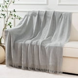"Battilo Comfort-Knit Couch Throw Blanket in Light Grey, Textured with Elegant Fringe, 50""x60 ...