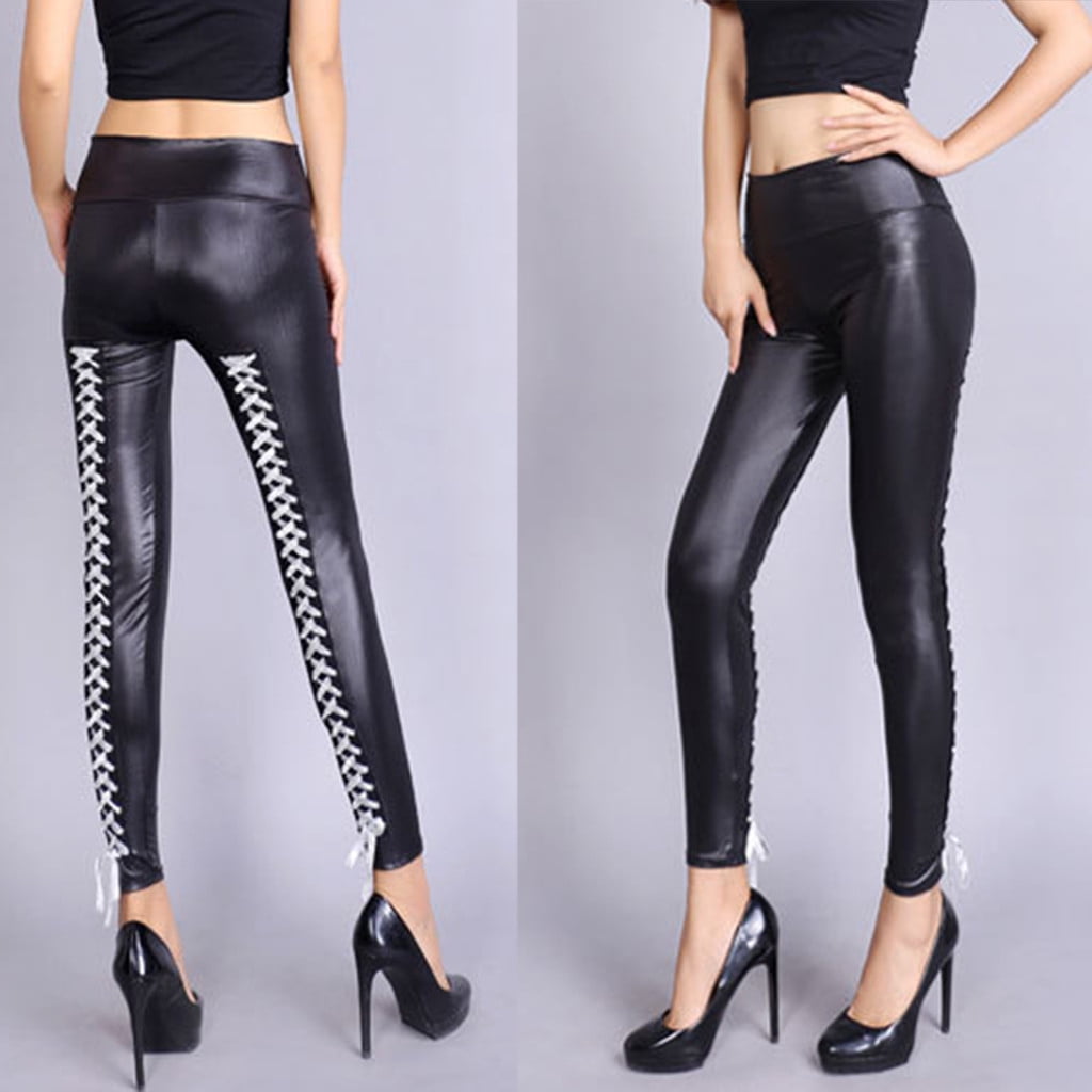 Women Ladies Fashion High Waist Black Ladies Lace Up Leather Leggings