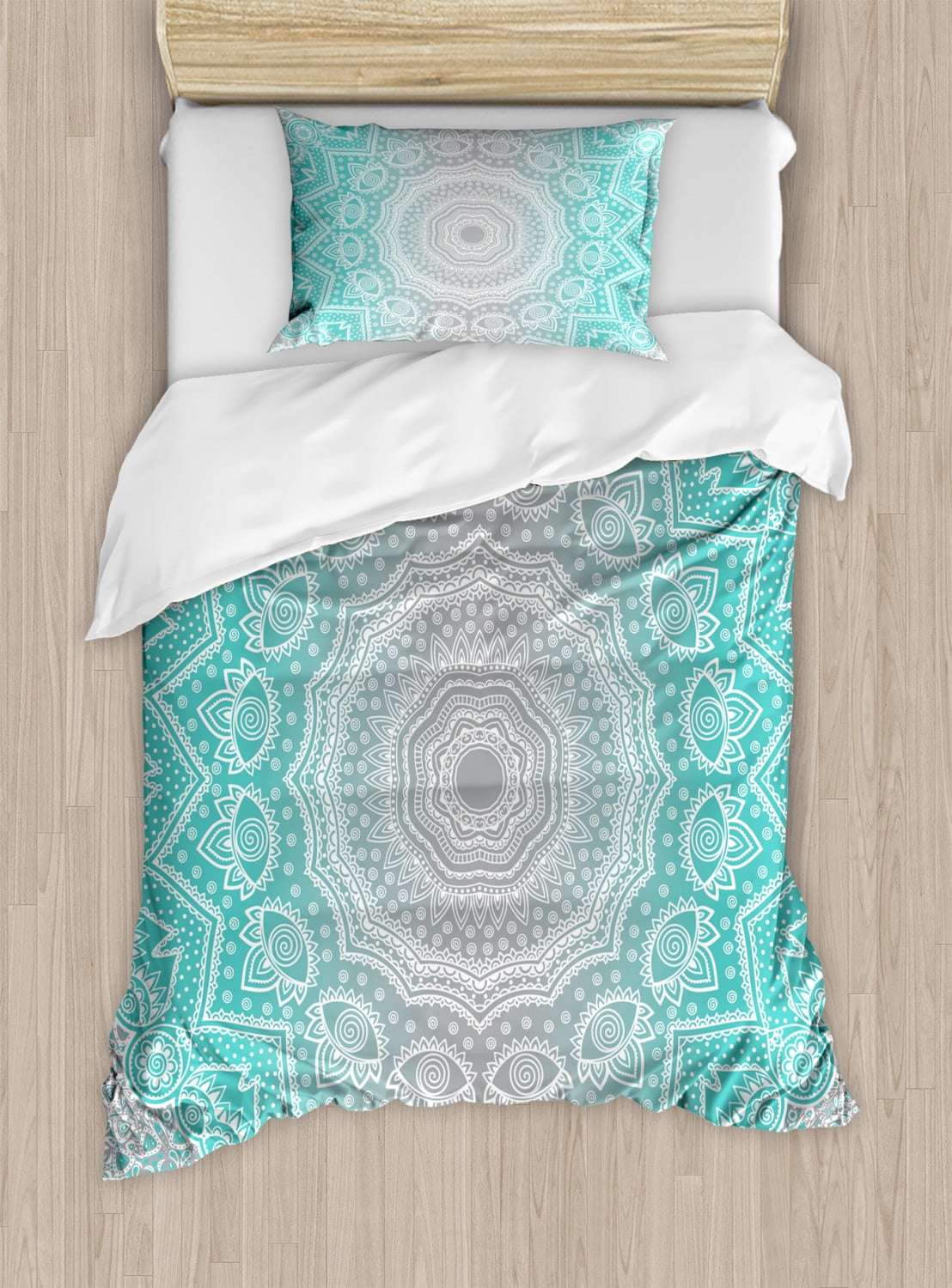 Grey and Turquoise Duvet Cover Set, Color Transition Themed Lines and ...