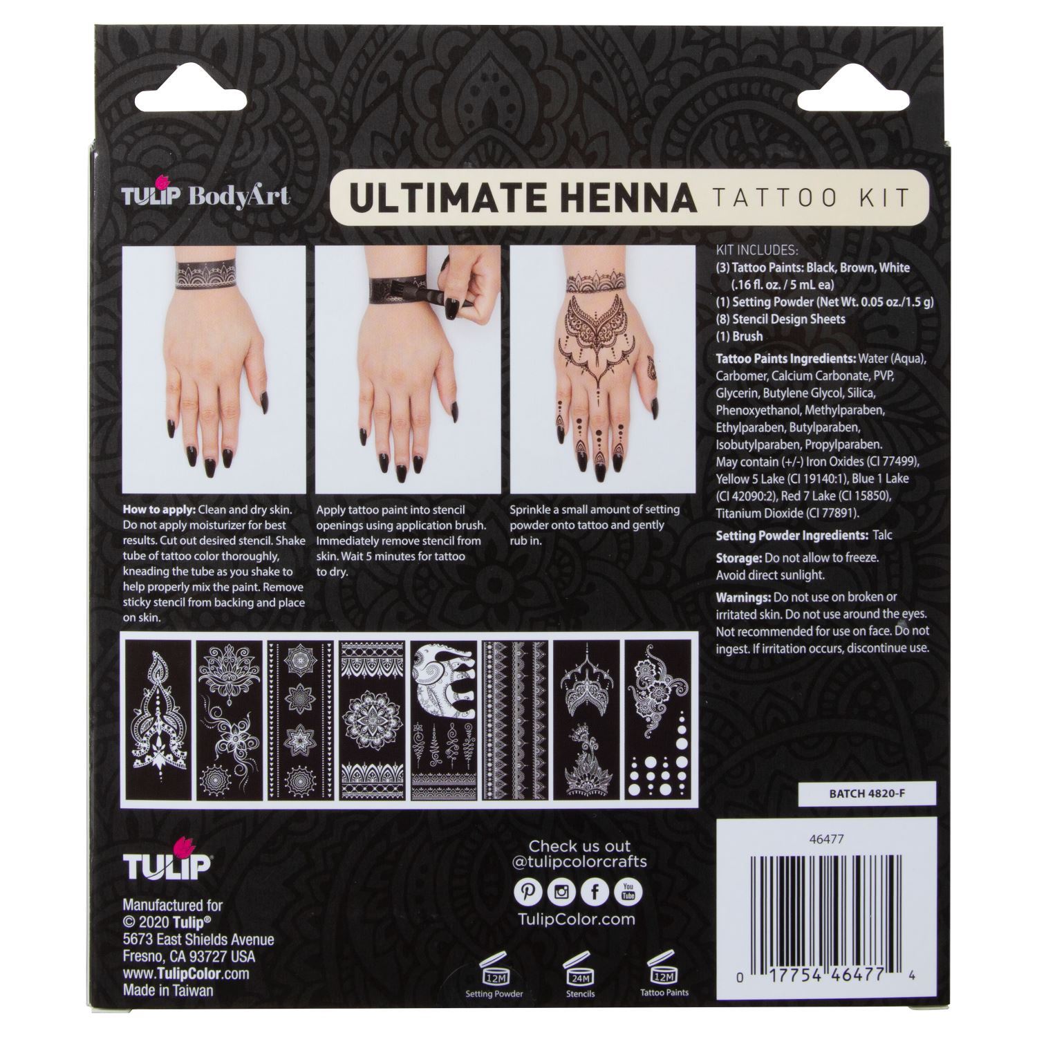 Buy Tulip Ultimate Henna Inspired Kit, Black, Brown, White, Temporary ...