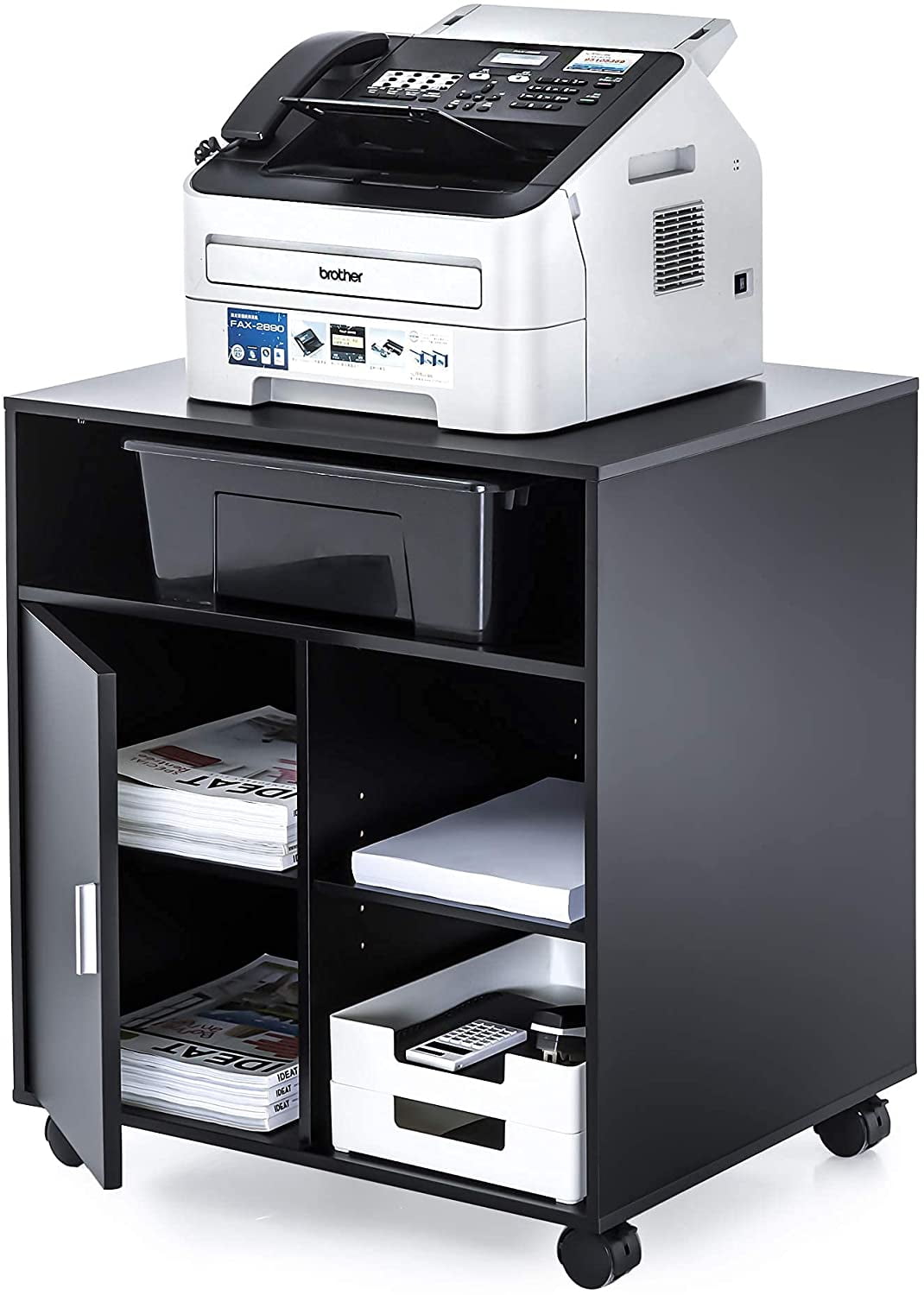 FITUEYES Printer Stand with Storage Adjustable Shelves, Wood Mobile ...