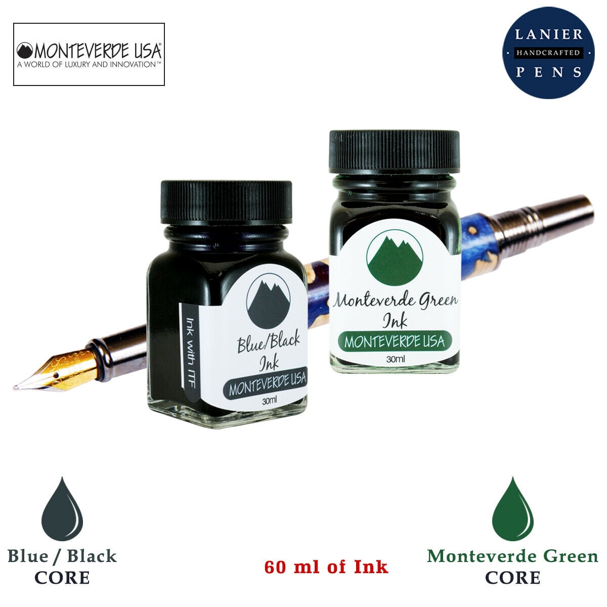 Monteverde 60ml Core Fountain Pen Ink Bottle (30ml Blue/Black Ink ...