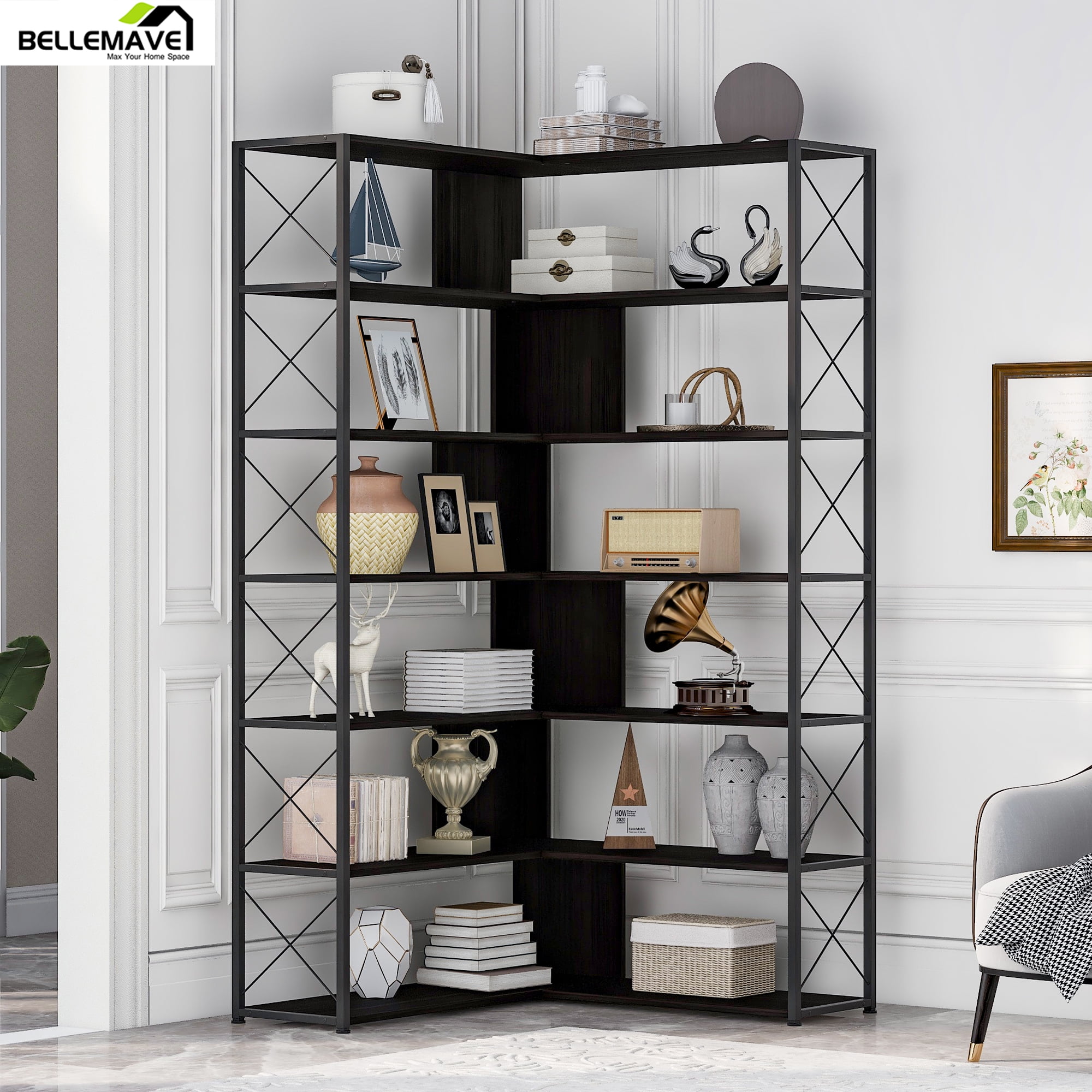 Bellemave 7-Tier L-Shaped Corner Bookshelf, Industrial Metal Frame ...
