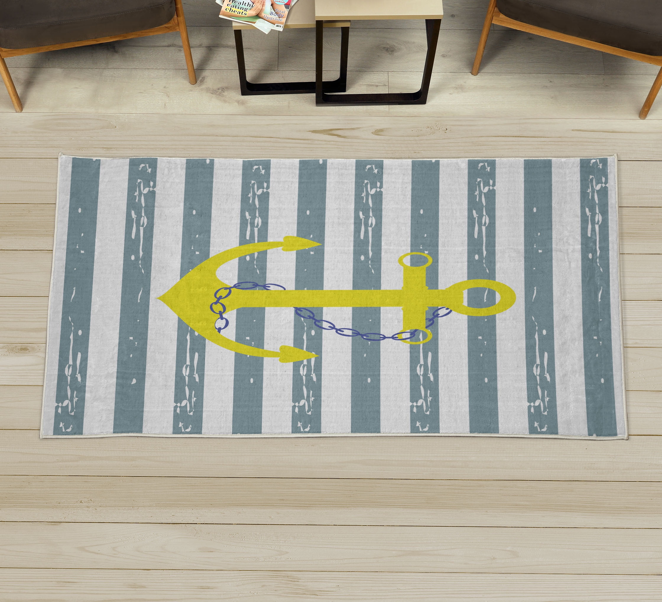 Striped Decorative Rug, Ship Anchor Chain Marine Life Inspired Lines ...