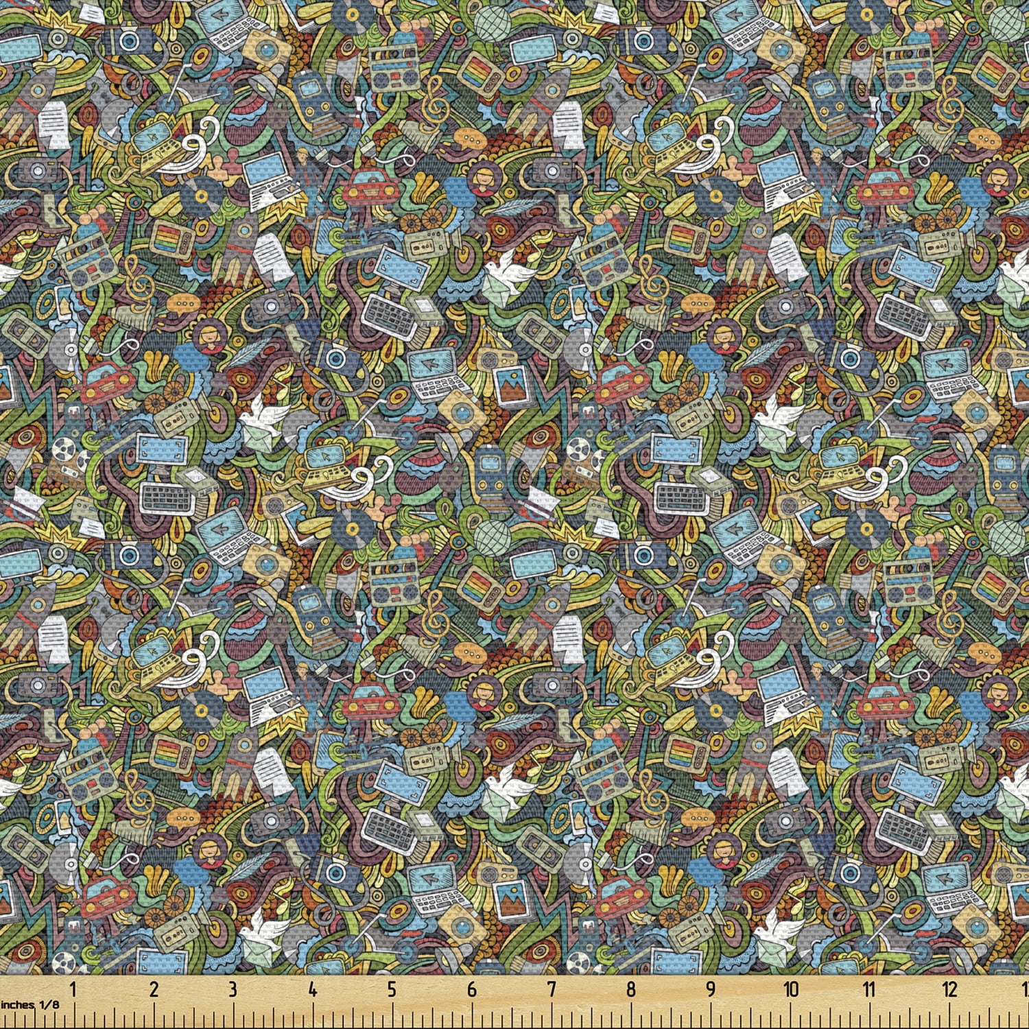 Hipster Fabric by the Yard, Variety of Social MediDevices Drawnbstract ...